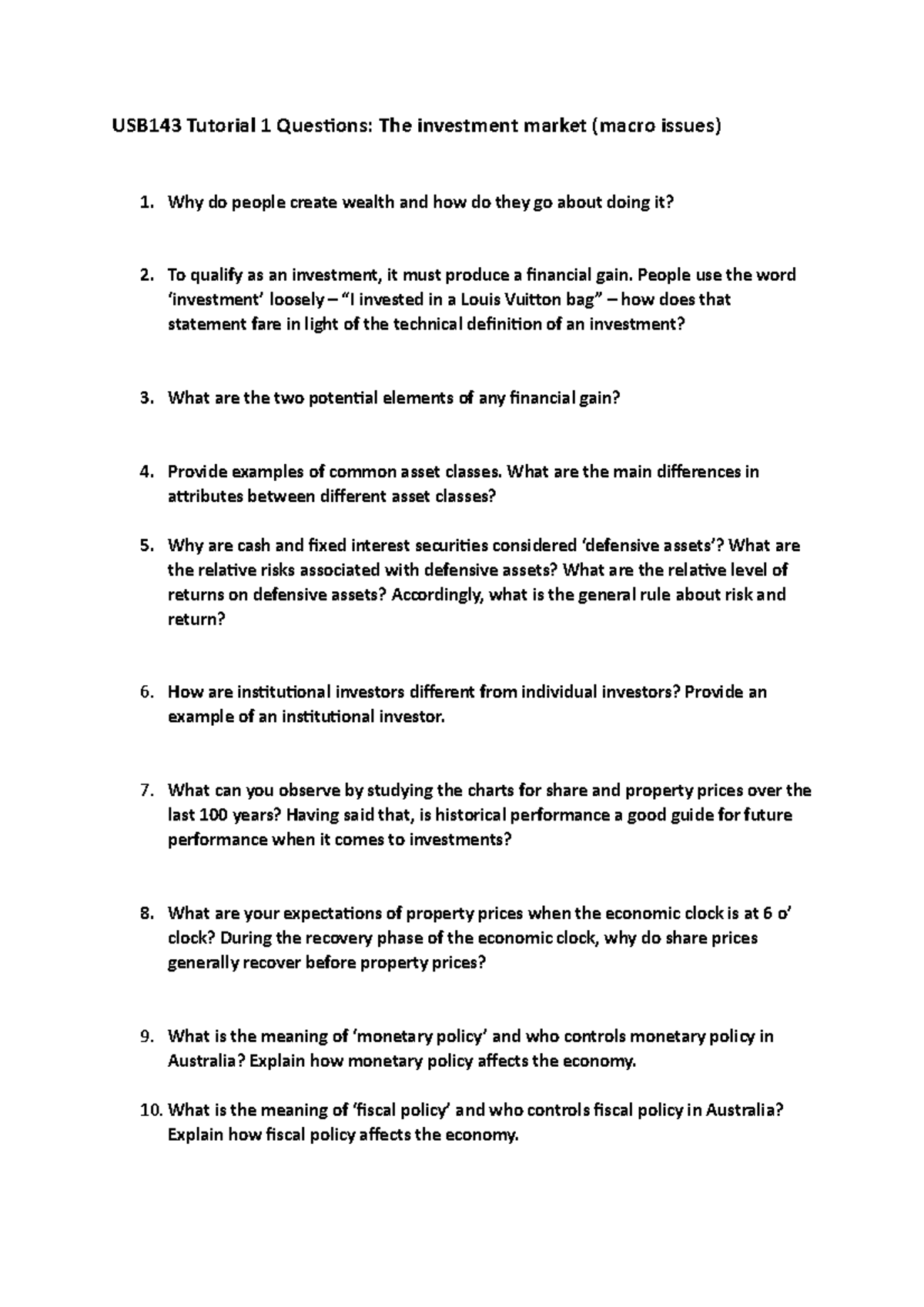 USB143 Tutorial 1 Questions - USB143 Tutorial 1 Questions: The ...