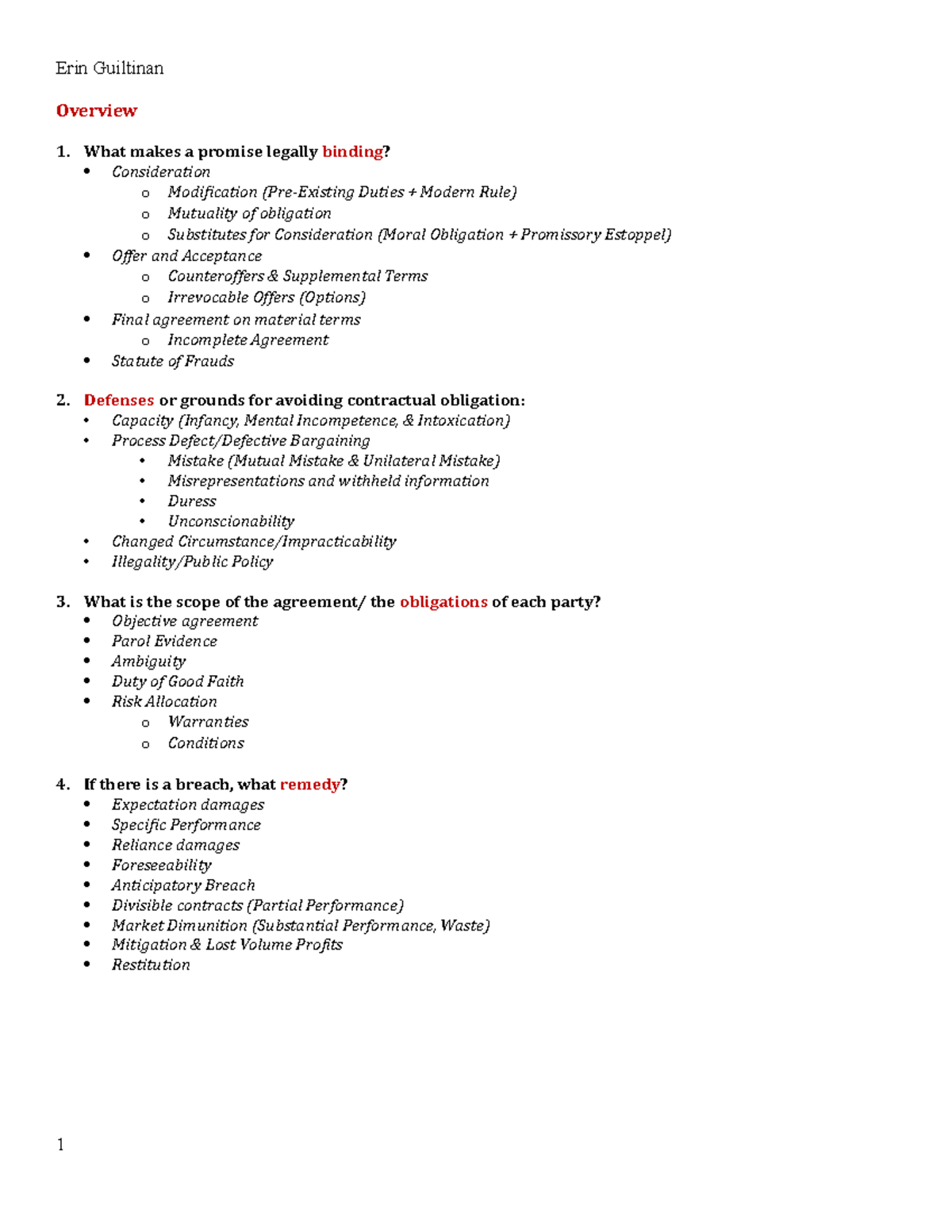 Contracts Outline - Overview 1. What makes a promise legally binding ...