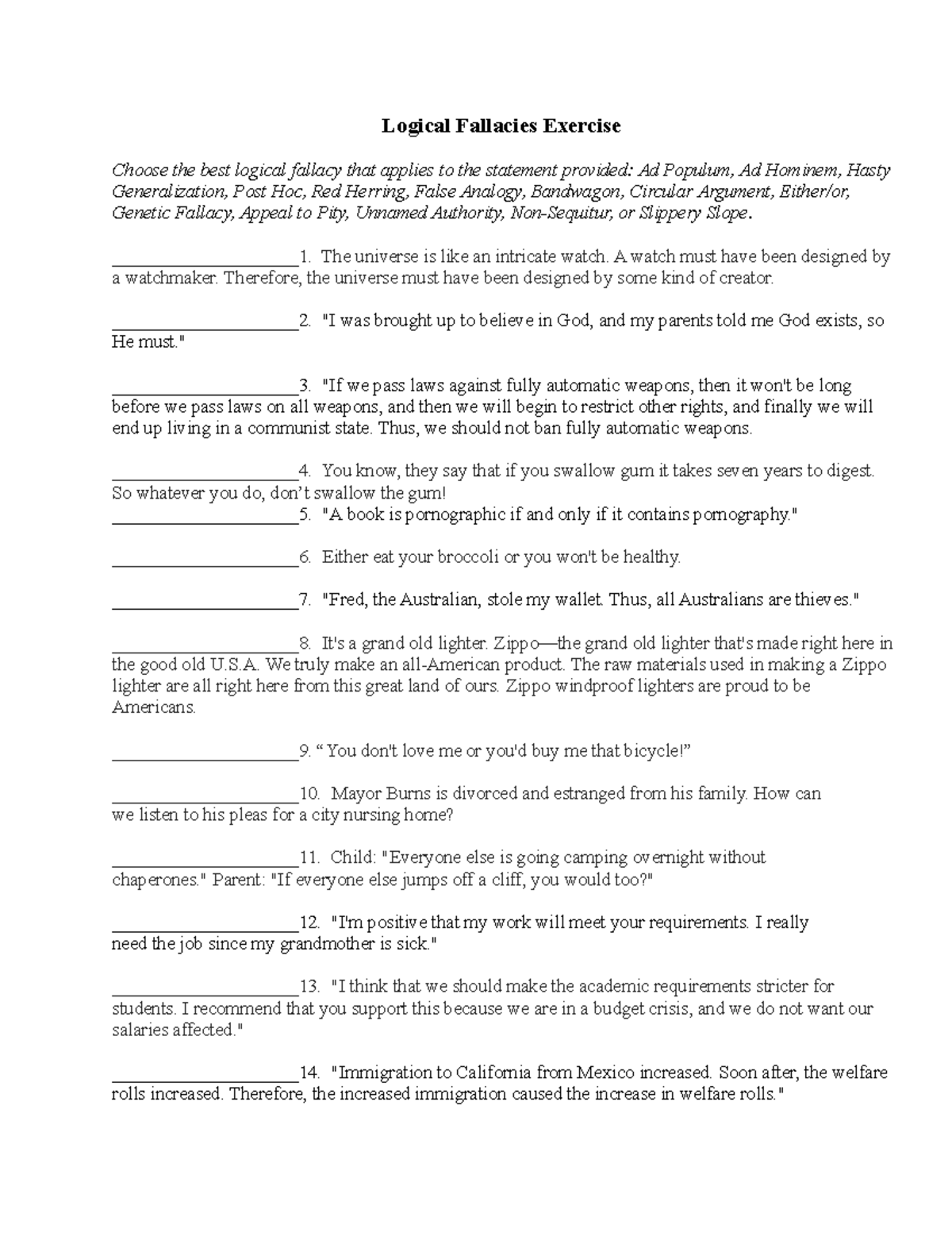 Logical Fallacies work k-1-1 - Logical Fallacies Exercise Choose the ...