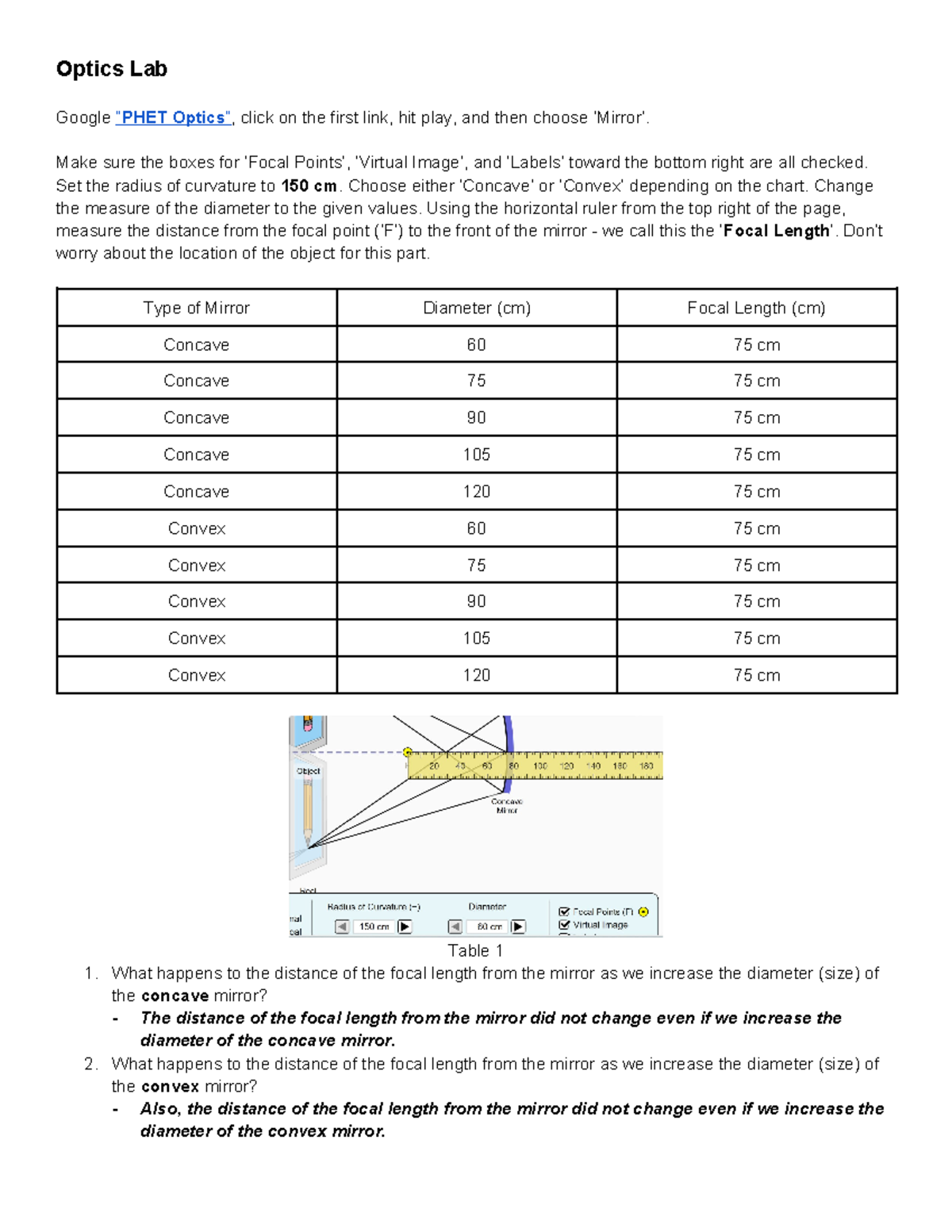 Optics Lab Mirror Basics - Optics Lab Google “PHET Optics”, click on ...