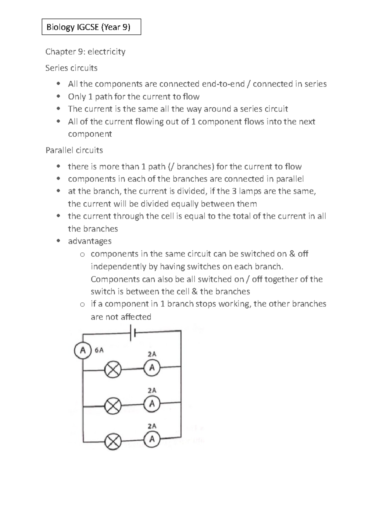 Chapter 9 Science Y9 - Chapter 9: electricity Series circuits All the ...