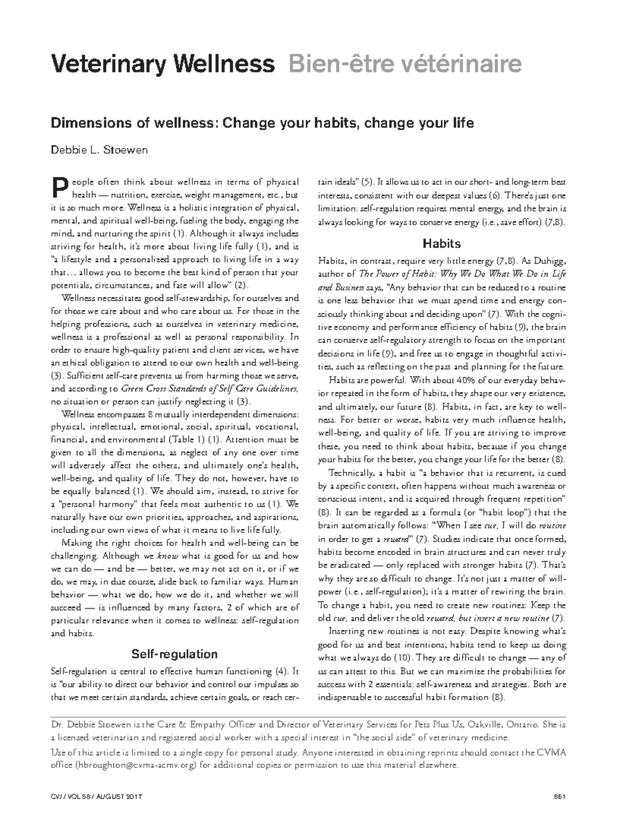 Wellness Article - CVJ / VOL 58 / AUGUST 2017 861 Veterinary W ellness Bien-être v é térinaire ...