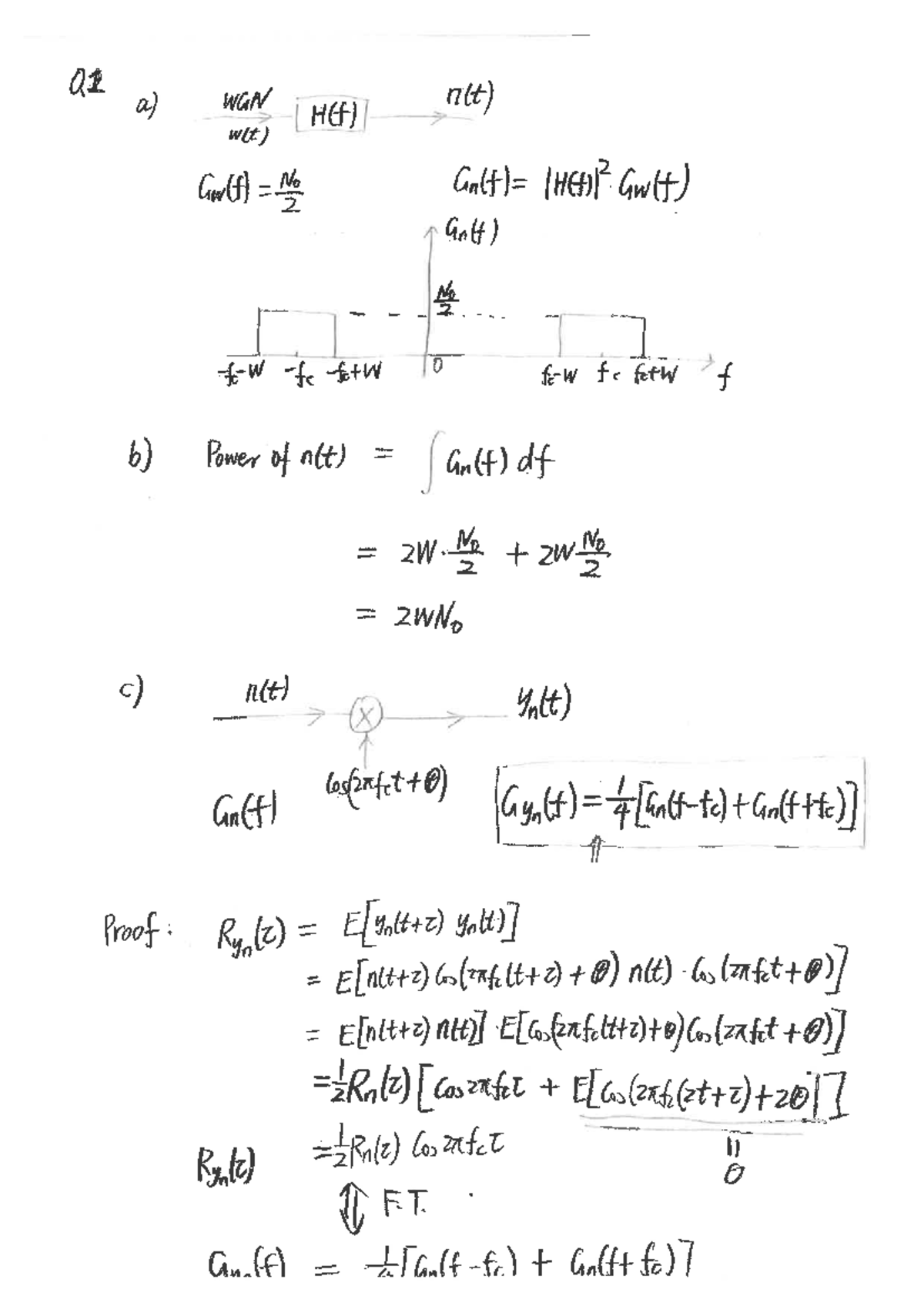 W4A - fffv - Q1 a) WGN H(f) nlt) wlt) Gw(f) No Gwlt) Gntt) 2 No fotw 0 ...