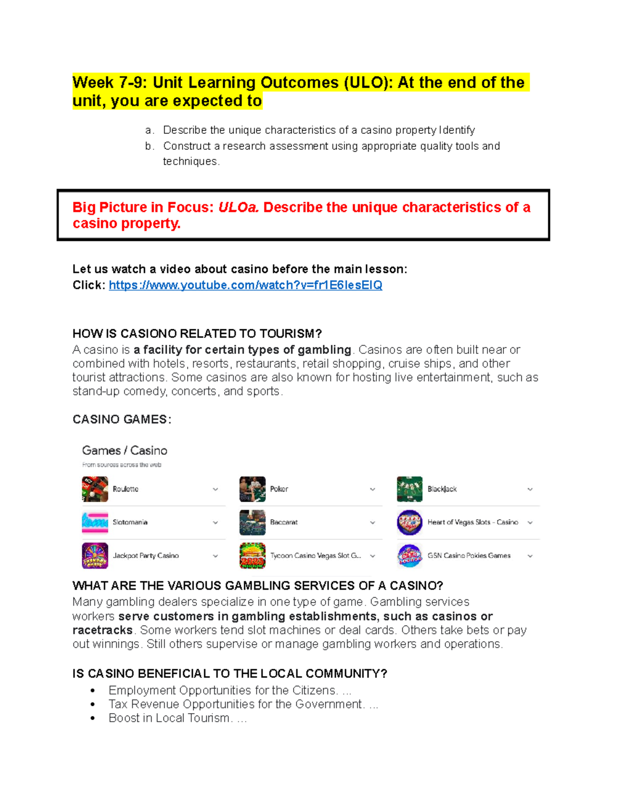 Week 9 THC 3 - N/A - Week 7-9: Unit Learning Outcomes (ULO): At the end ...