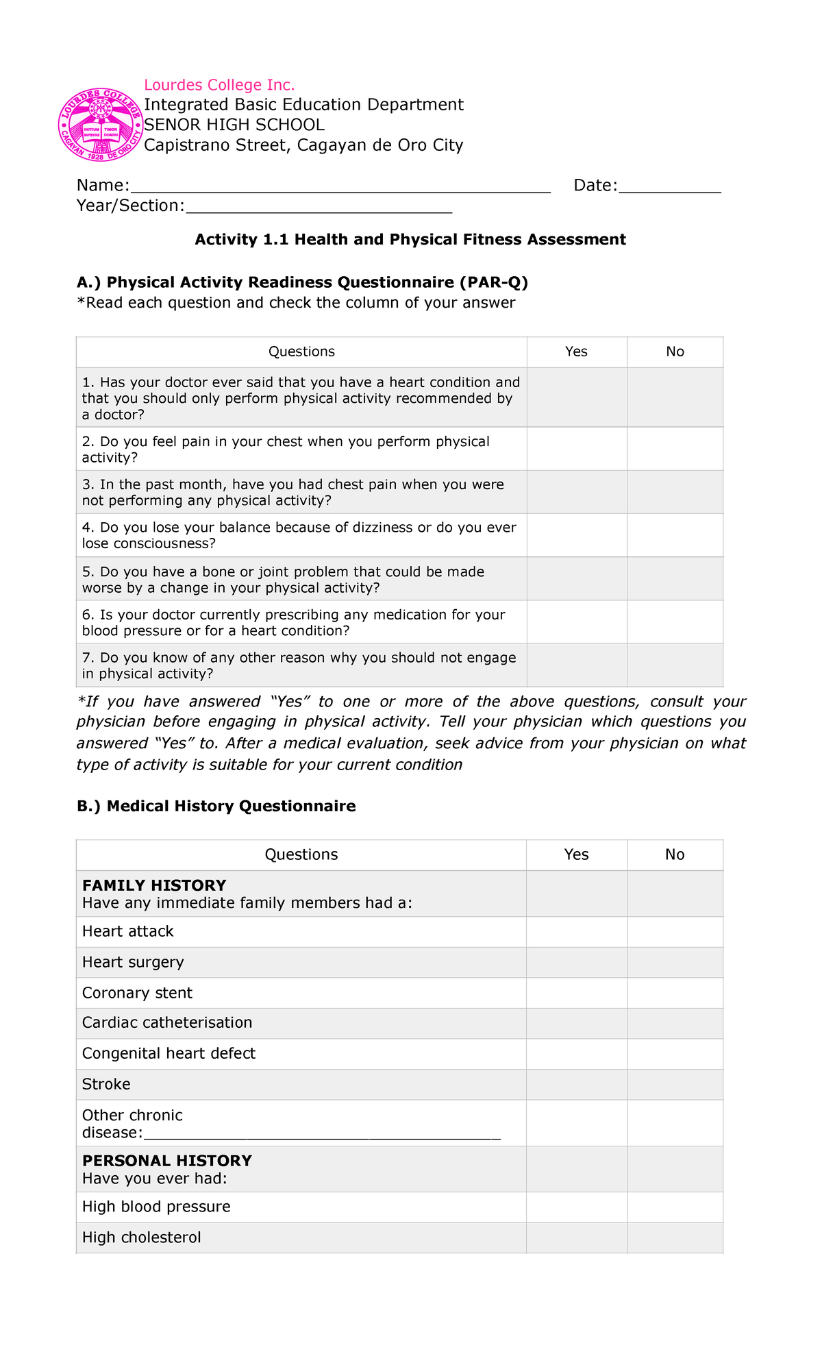 Health and Physical Fitness Assessment - Lourdes College Inc ...