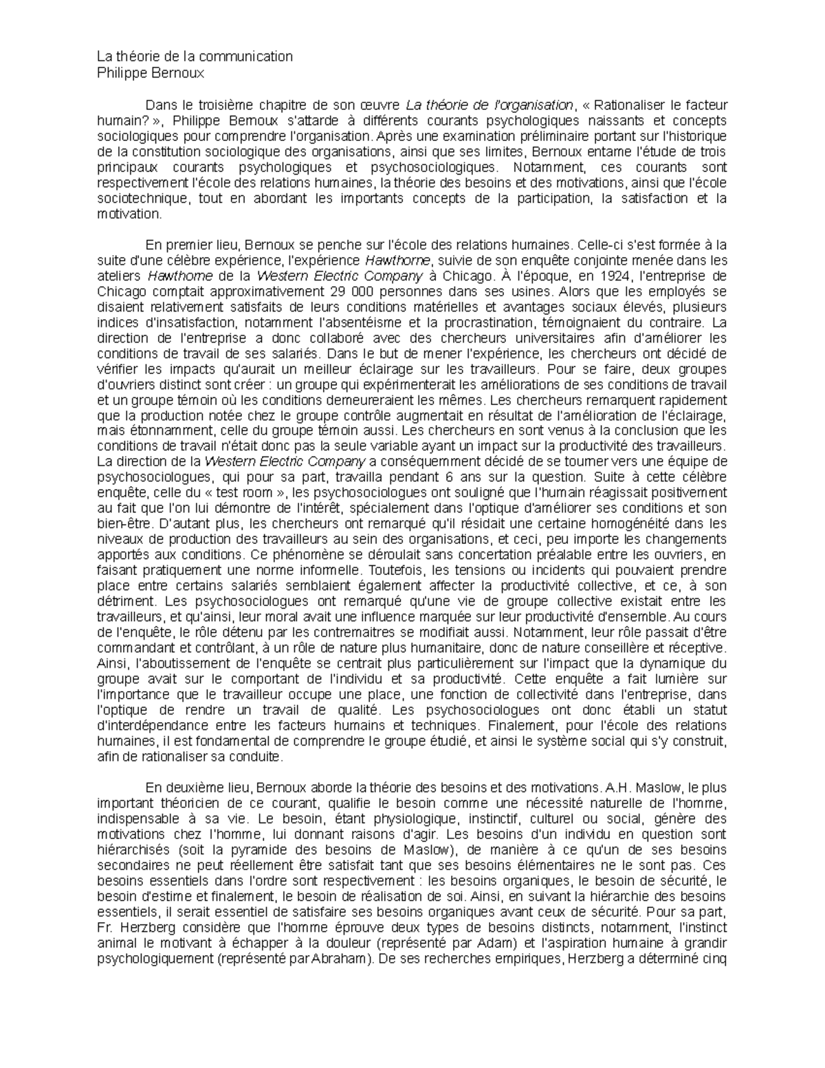 COM3104 - Fiche DE Lecture Bernoux - La théorie de la communication ...