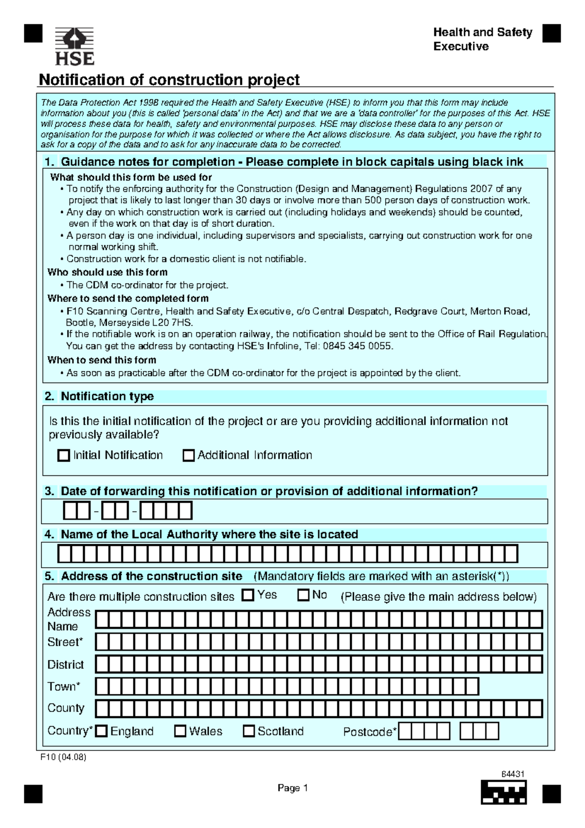 F10 CDM Notification Form - Health and Safety Executive Page 1 Guidance ...