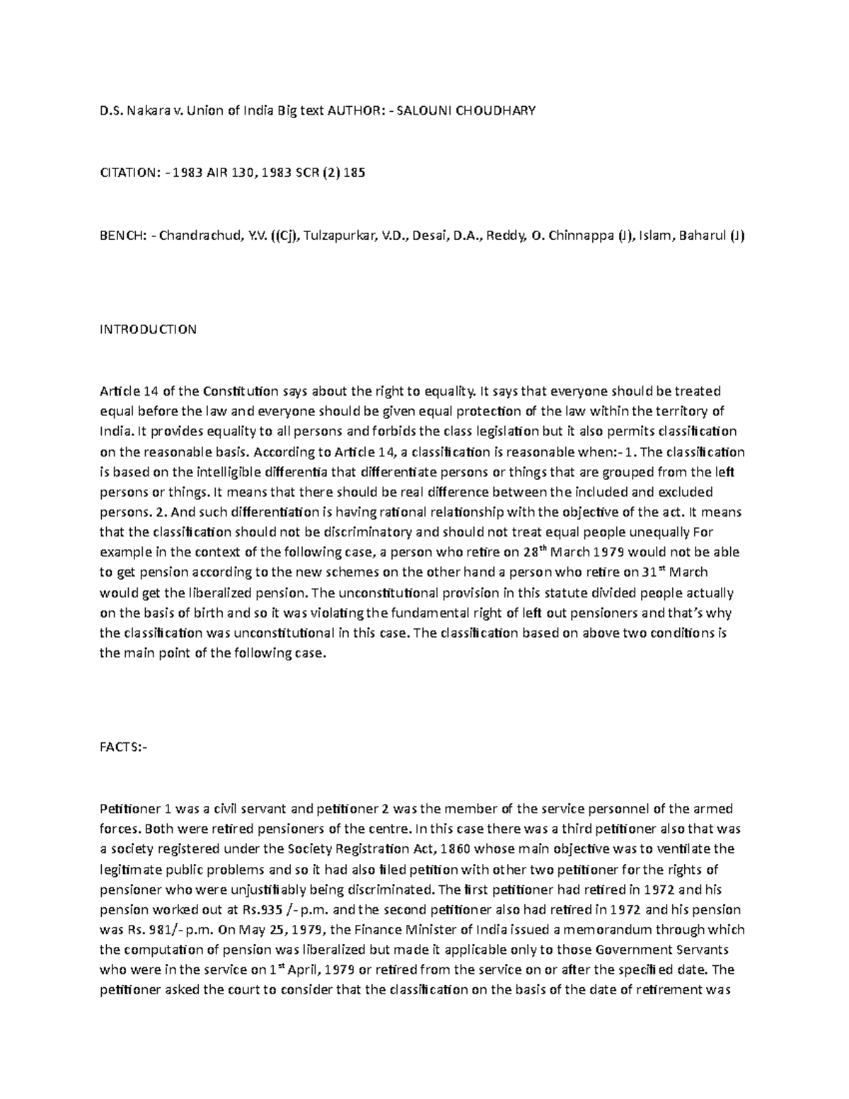 D.S Nakara Vs Union Of India - D. Nakara v. Union of India Big text ...