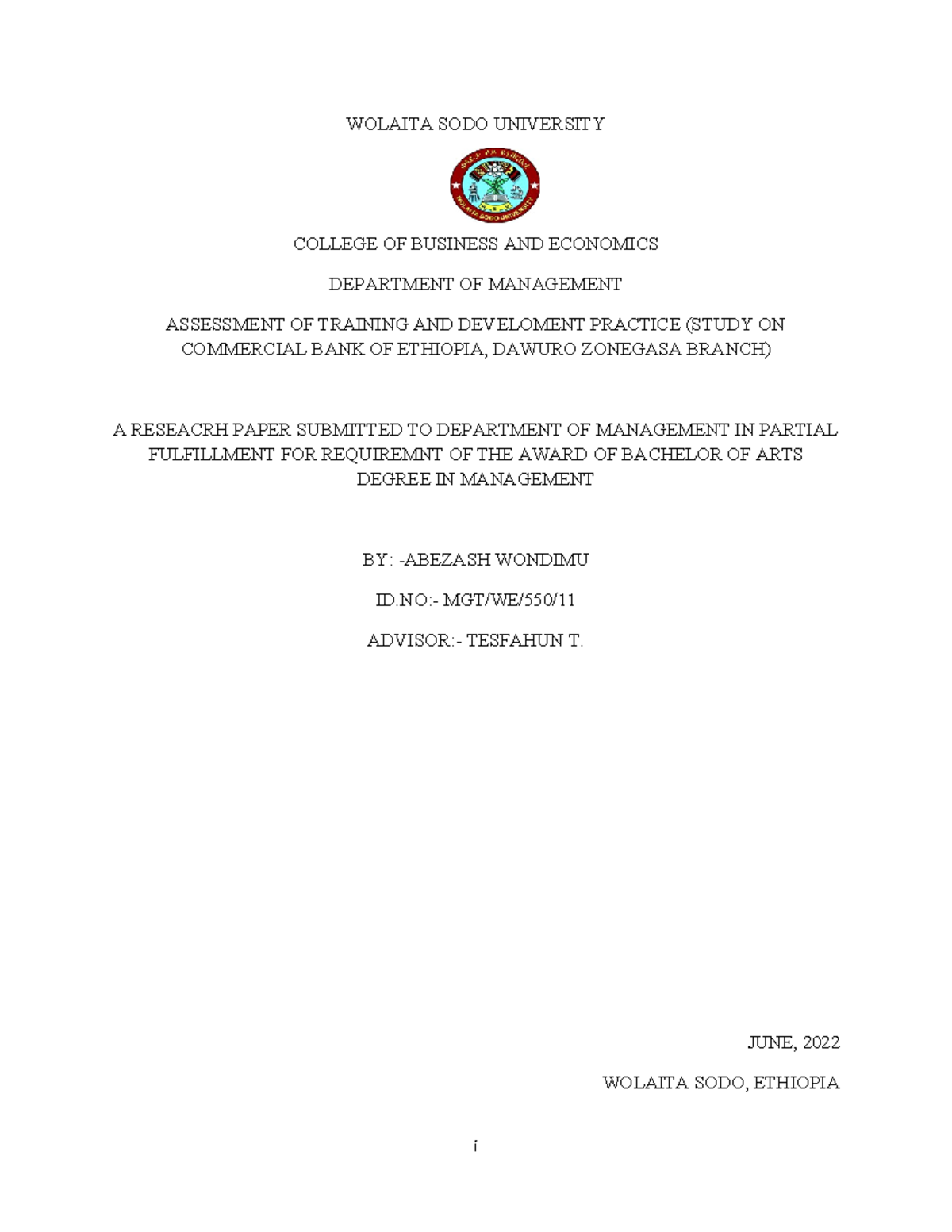 Merdikios meshi research ch1-5 - WOLAITA SODO UNIVERSITY COLLEGE OF ...