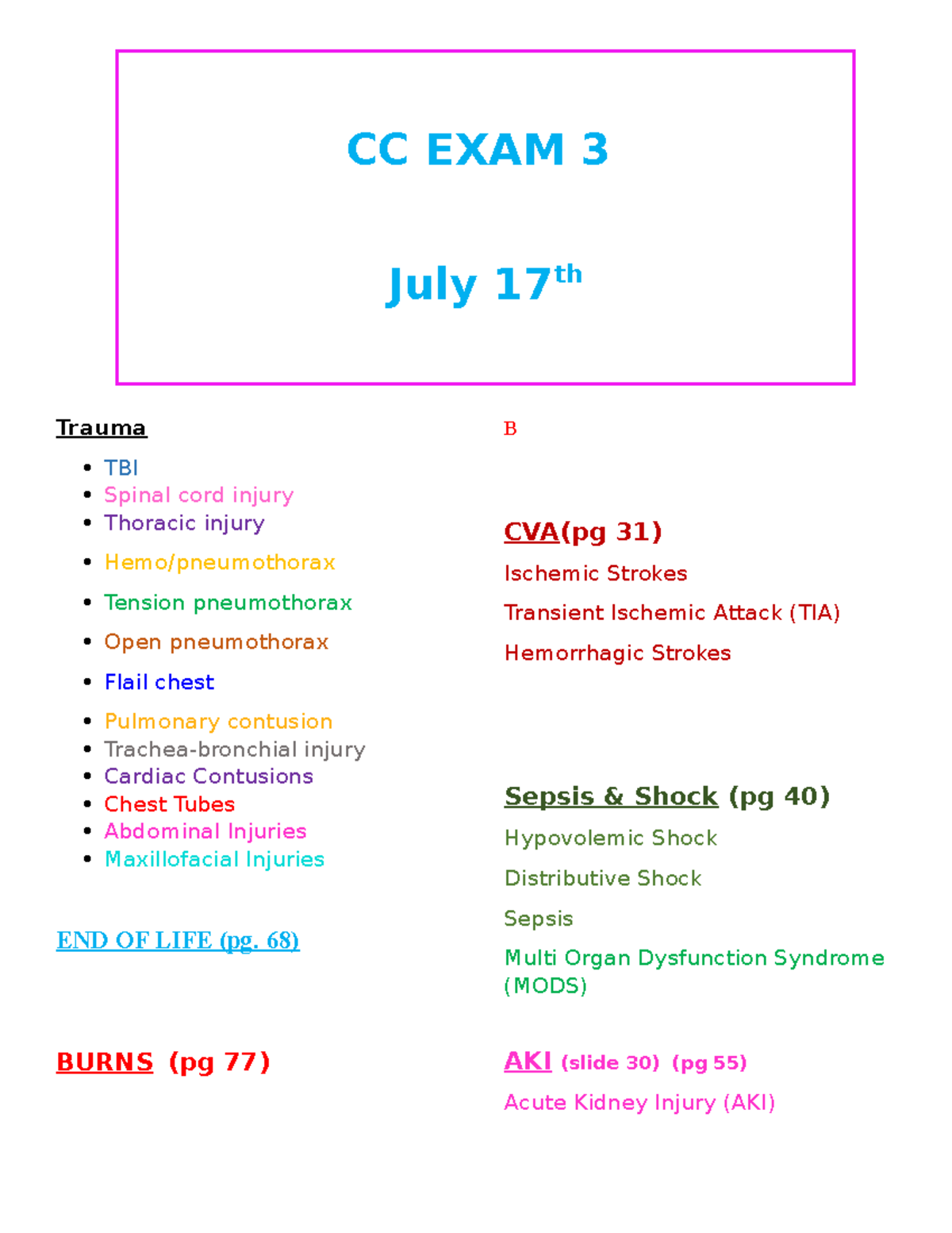 EXAM 3 - Na. - Trauma TBI Spinal cord injury Thoracic injury Hemo ...