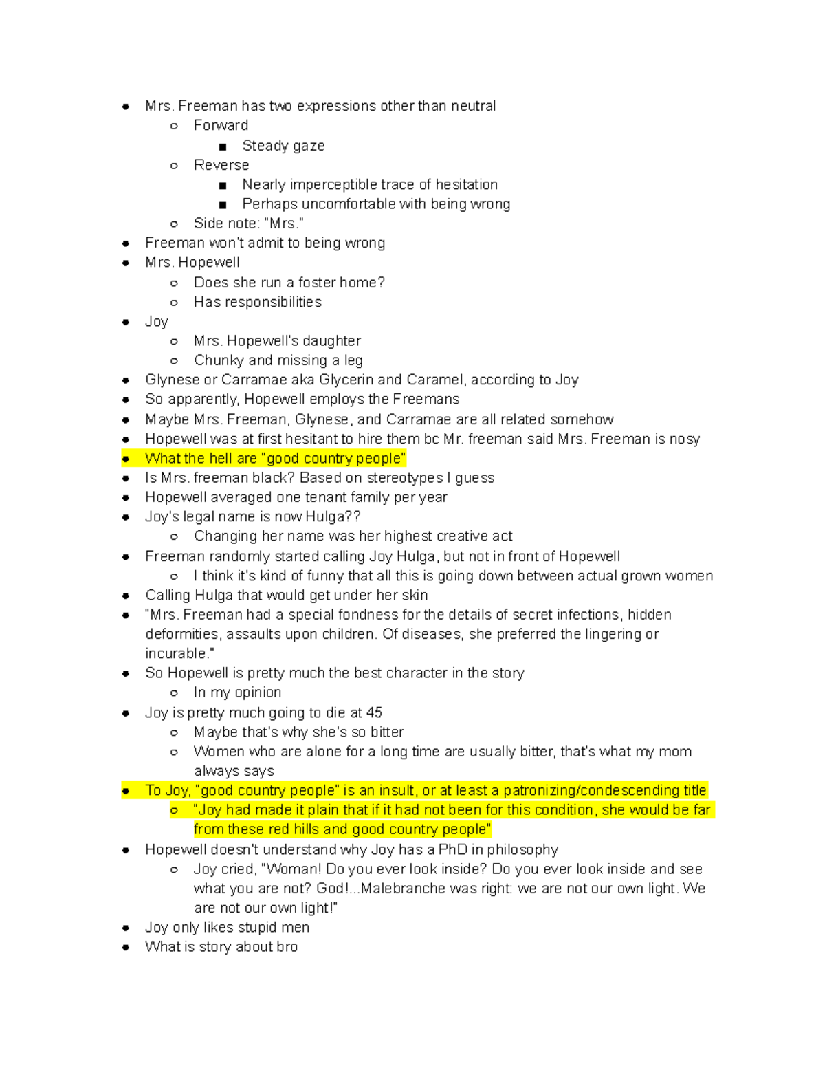 HW 2 Good Country People Notes - Mrs. Freeman has two expressions other ...