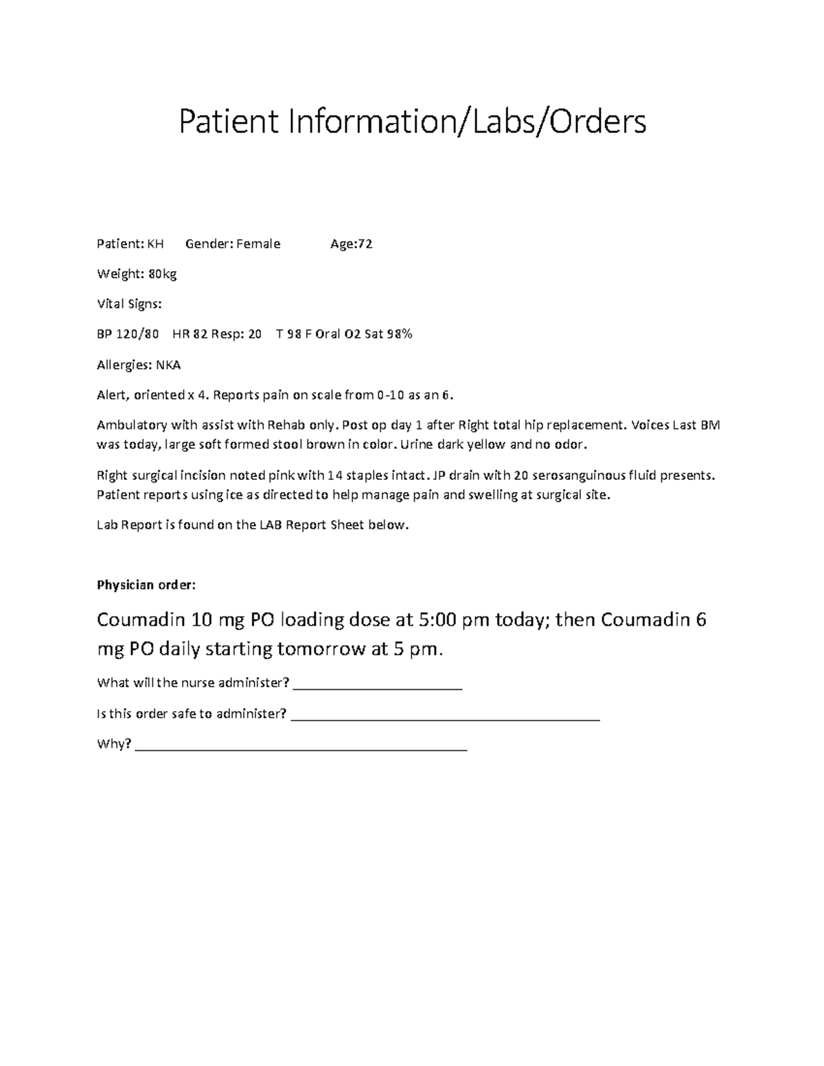 Patient Information Student Form Coumadin - Patient Information/Labs ...