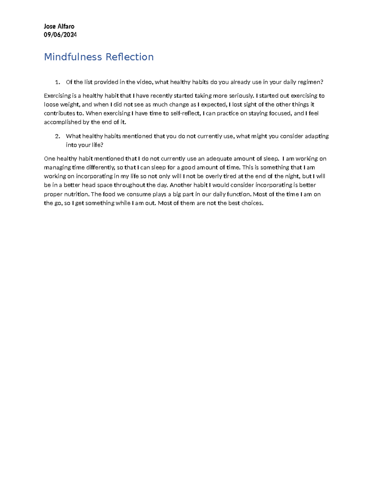 Mindful Reflection - Jose Alfaro 09/06/ Mindfulness Reflection 1. Of ...