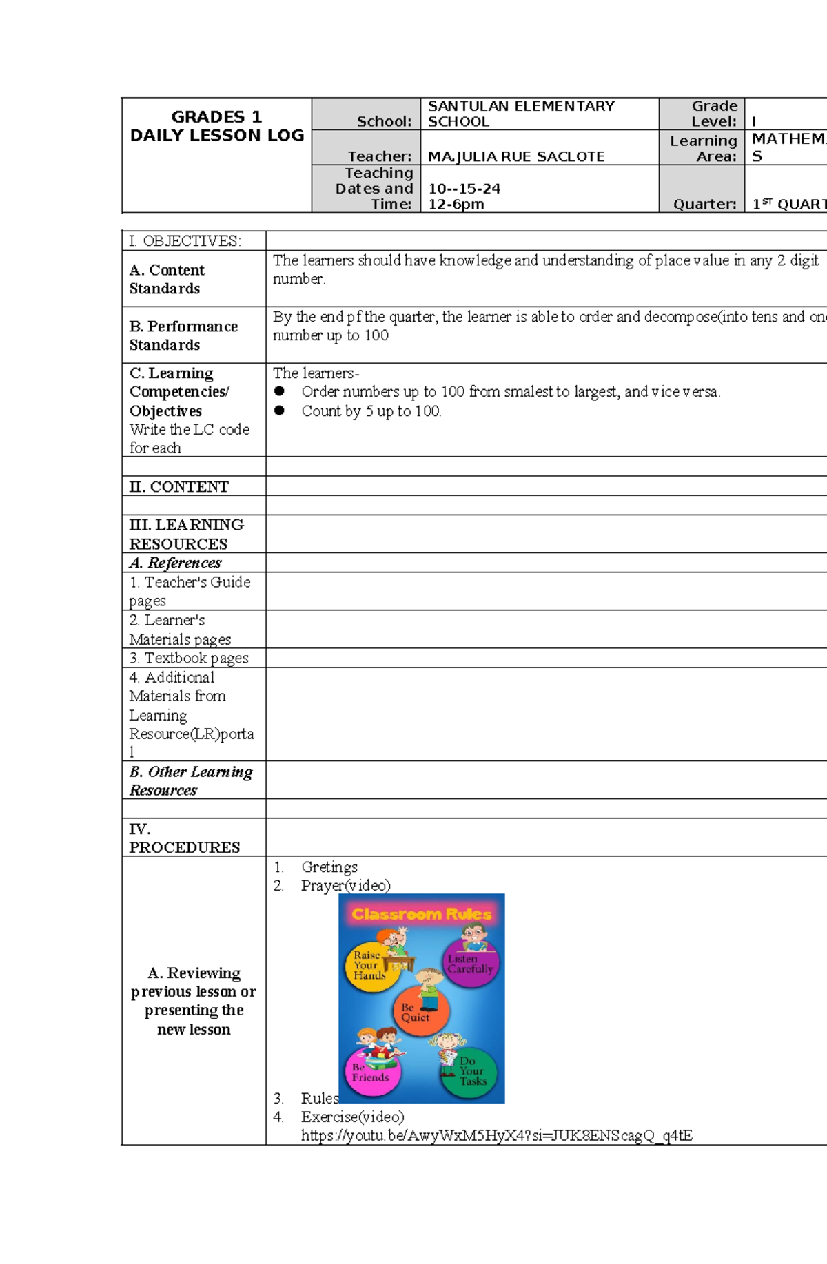 Grades 1 - bbb - GRADES 1 DAILY LESSON LOG School: SANTULAN ELEMENTARY ...