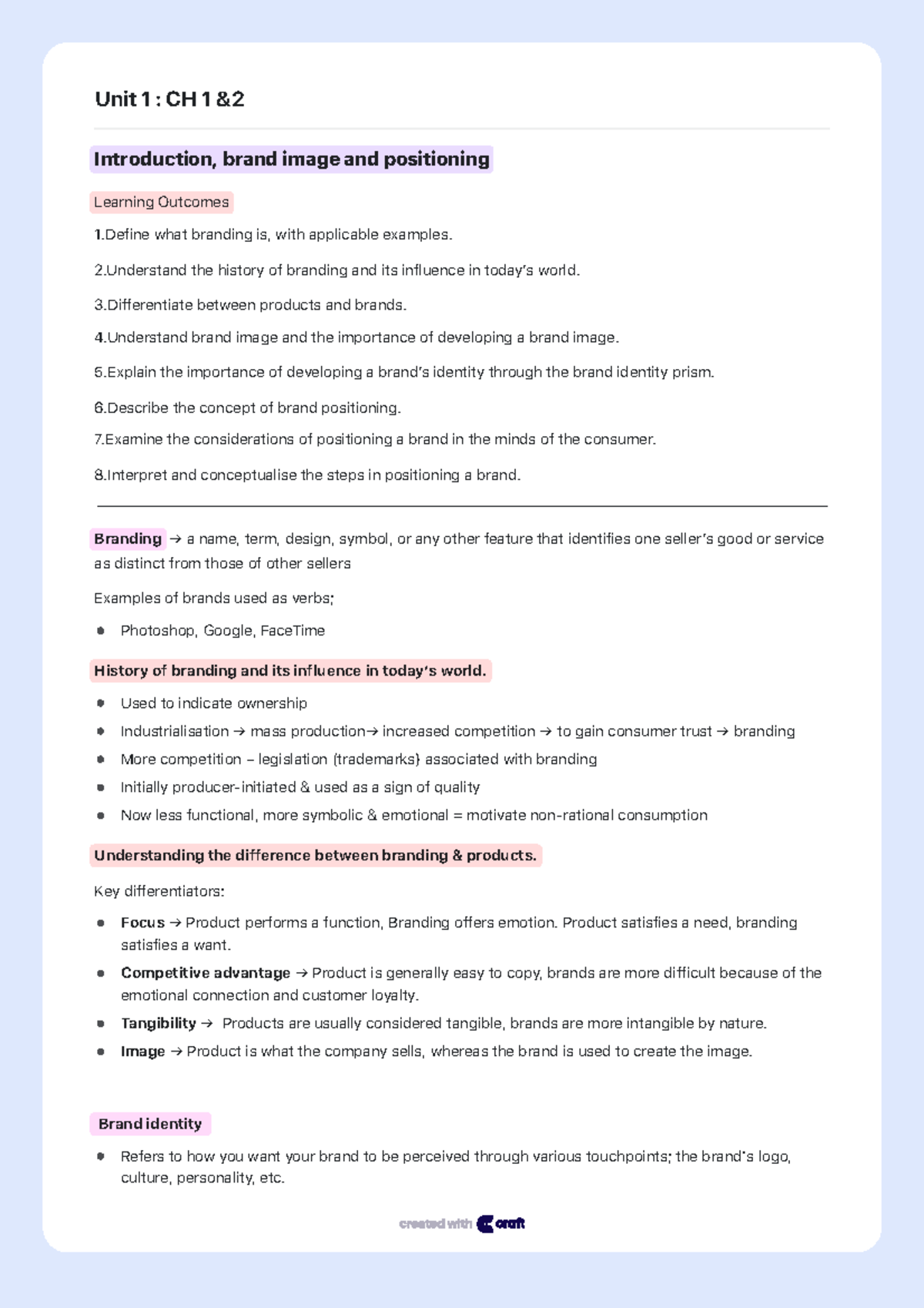 Unit 1 : CH 1 &2 - Unit 1 : CH 1 & Introduction, brand image and positioning Learning Outcomes 1 ...