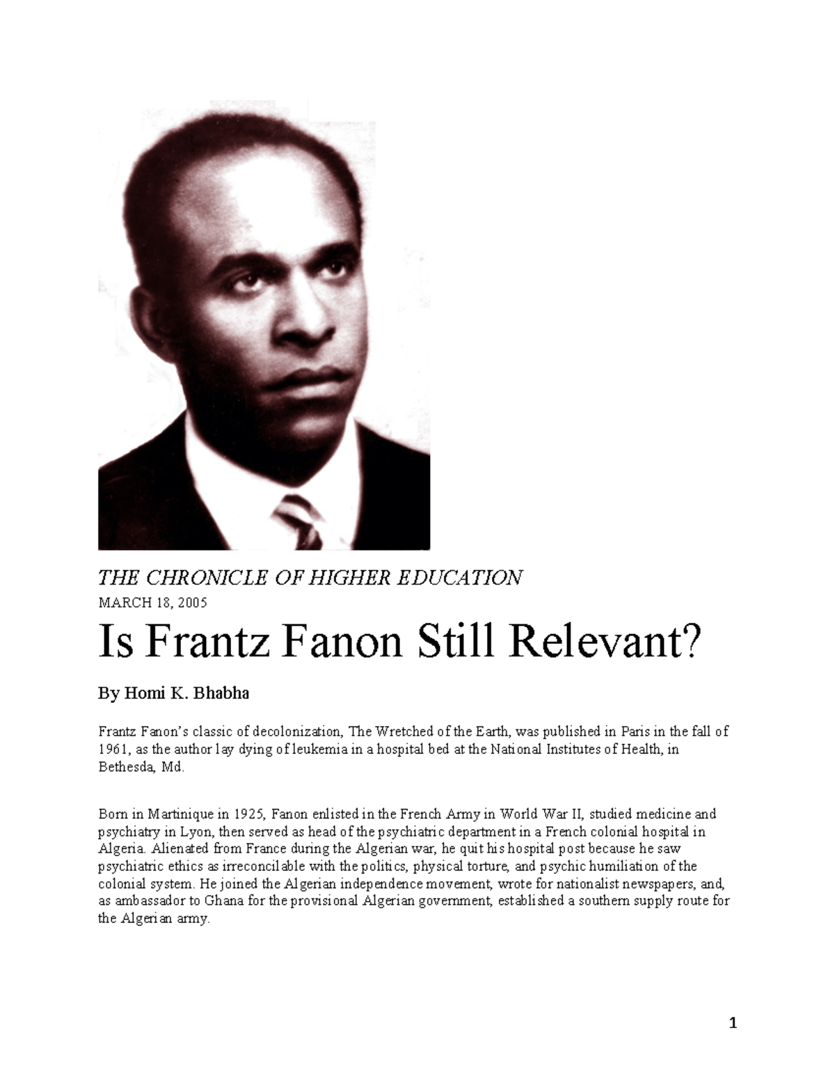 Homi Bhabha - Is Frantz Fanon Still Relevant - THE CHRONICLE OF HIGHER ...