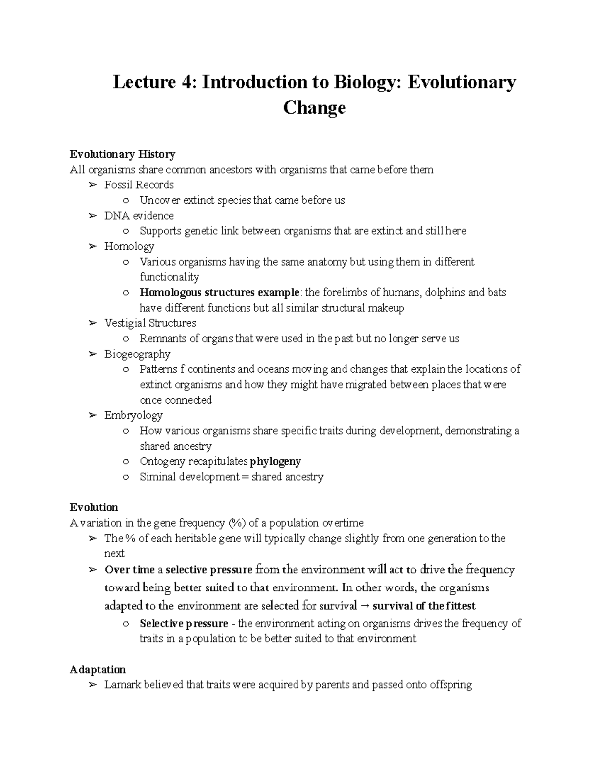 Lecture 4: Introduction to Biology: Evolutionary Change - Lecture 4 ...