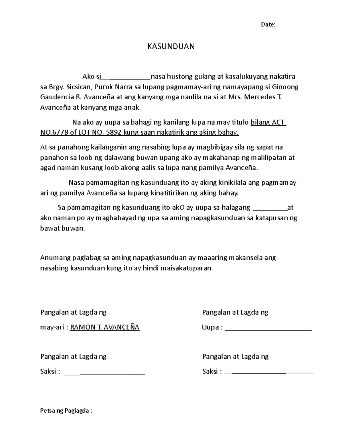 Kasunduan - for school purposes only - Date: KASUNDUAN Ako si nasa ...