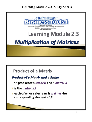 Learning Module 2 2 Study Sheets - a matrix has size 𝟏 x 𝟑 has size 𝟑 x ...