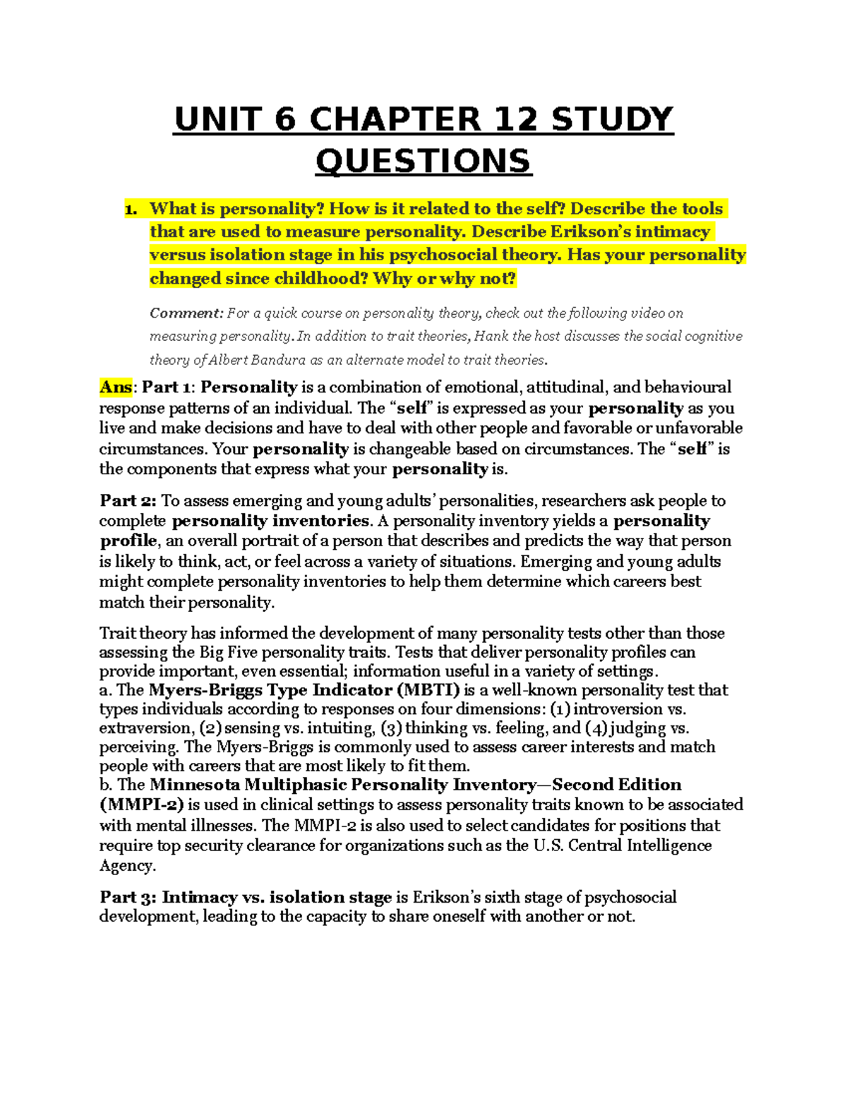 UNIT 6 Chapter 12 Study Questions - UNIT 6 CHAPTER 12 STUDY QUESTIONS 1 ...