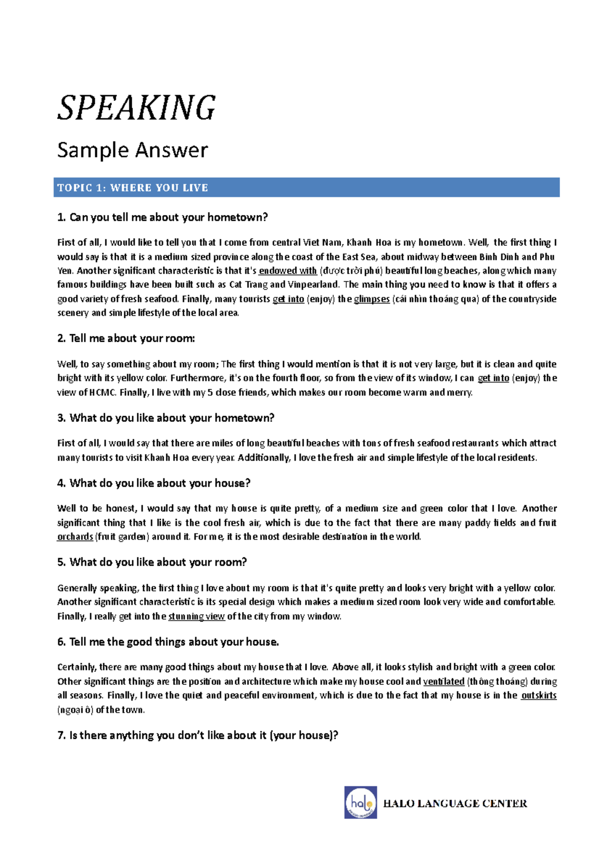 Part 1- Sample answer 50 topics - SPEAKING Sample Answer TOPIC 1: WHERE ...