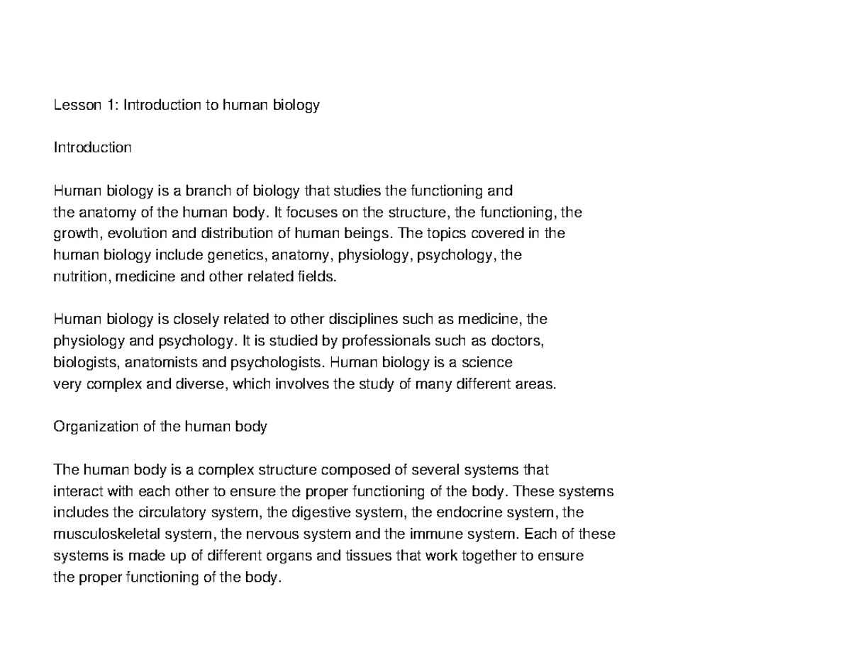 English Human Biology Study notes - Lesson 1: Introduction to human ...