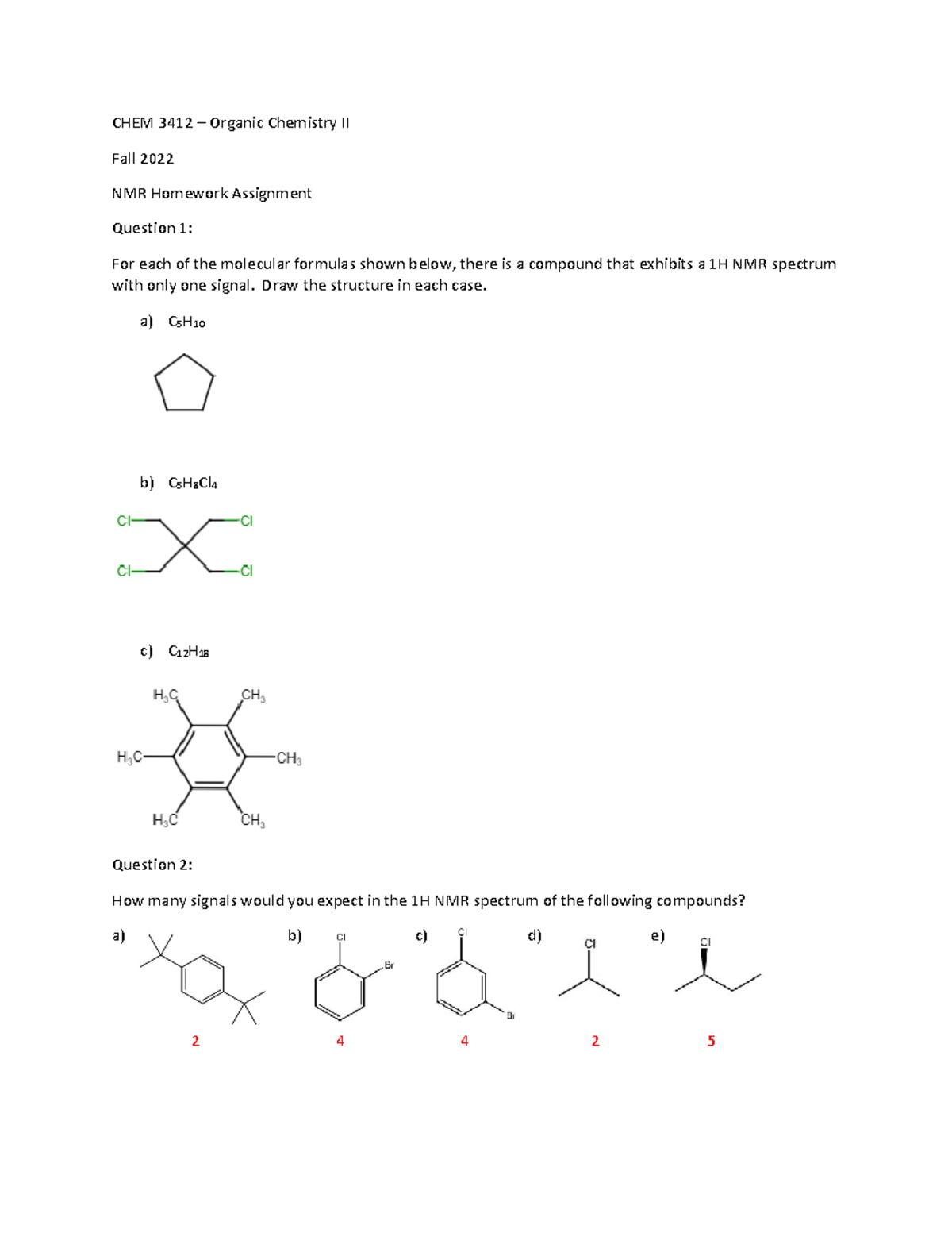 NMR Homework Key - Agee - CHEM 3412 – Organic Chemistry II Fall 2022 NMR Homework Assignment ...