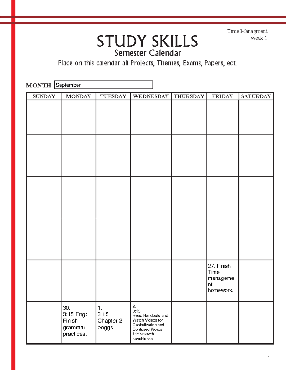 Paige's Calender(examplecalender) - STUDY SKILLS Time Managment Week 1 ...
