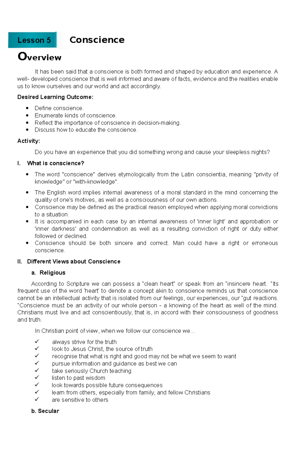 Lesson-5-Conscience - Helpful - Lesson 5 Conscience Overview It has ...