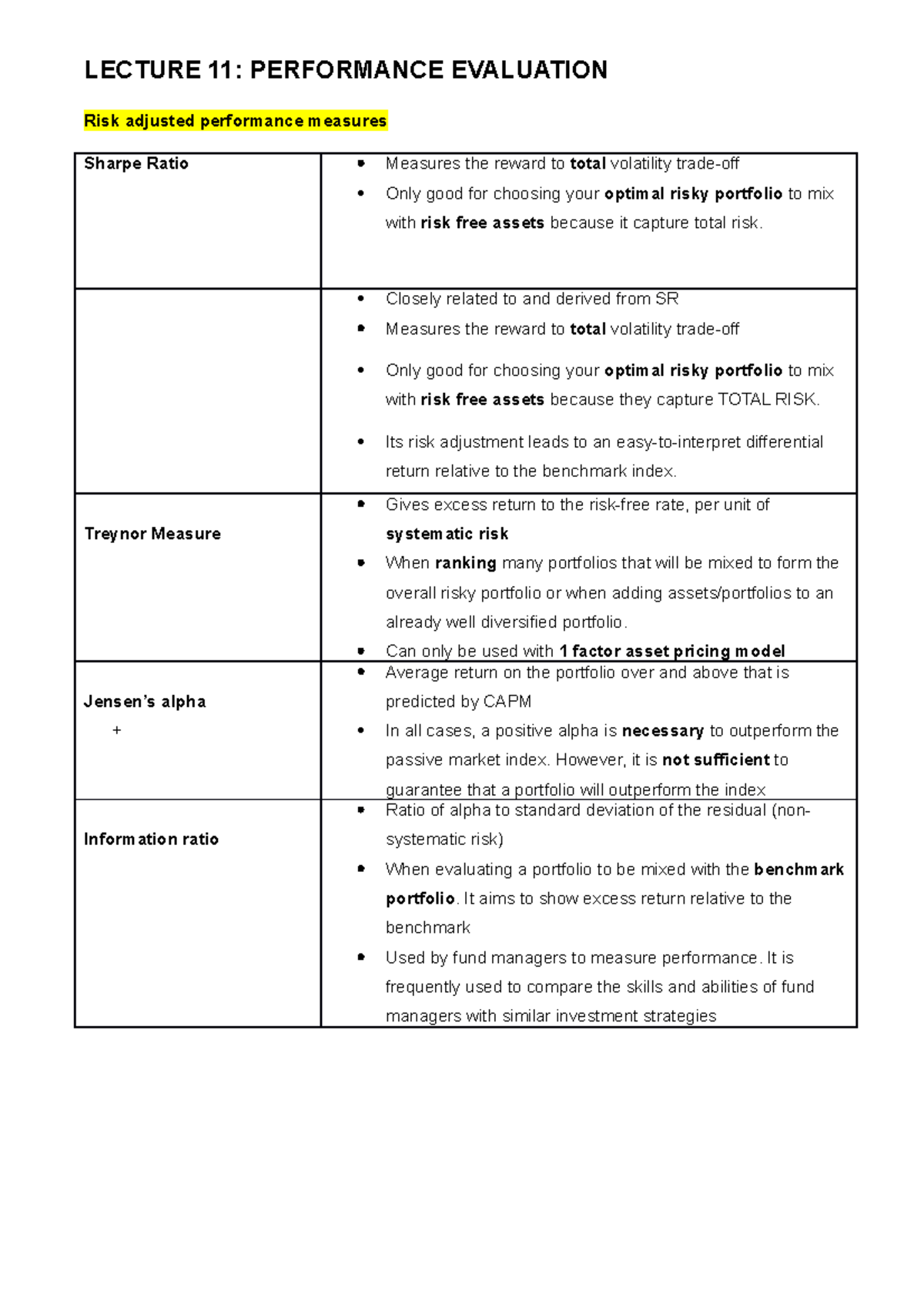L11 Course Notes - LECTURE 11: PERFORMANCE EVALUATION Risk adjusted ...