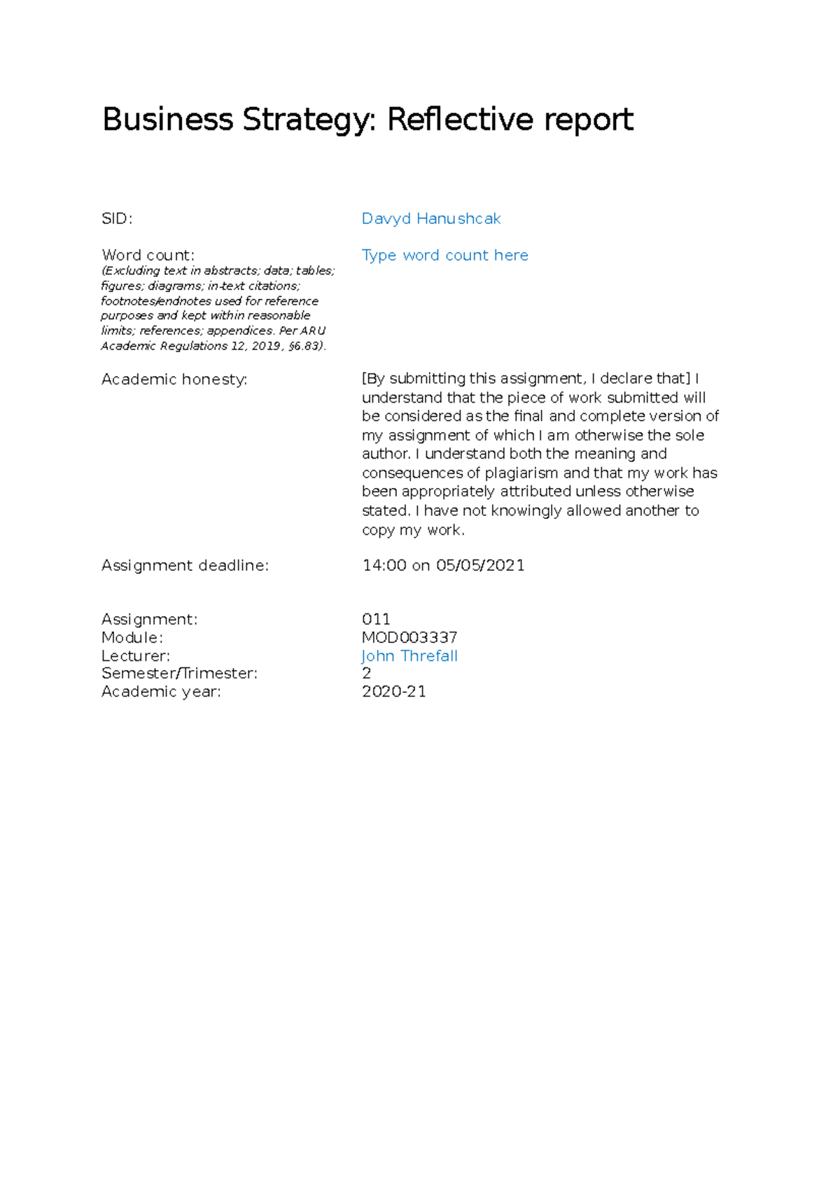 Reflective Report Structure - Business Strategy dabyd - Business ...