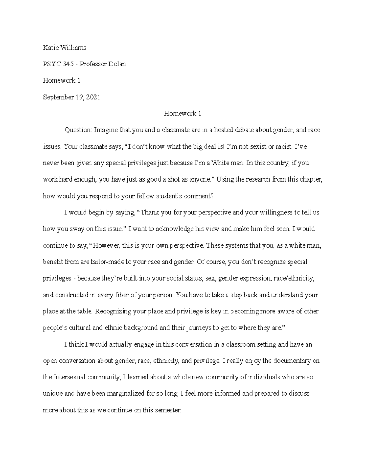 345 hmwk 1 - Mary Dolan - Katie Williams PSYC 345 - Professor Dolan ...