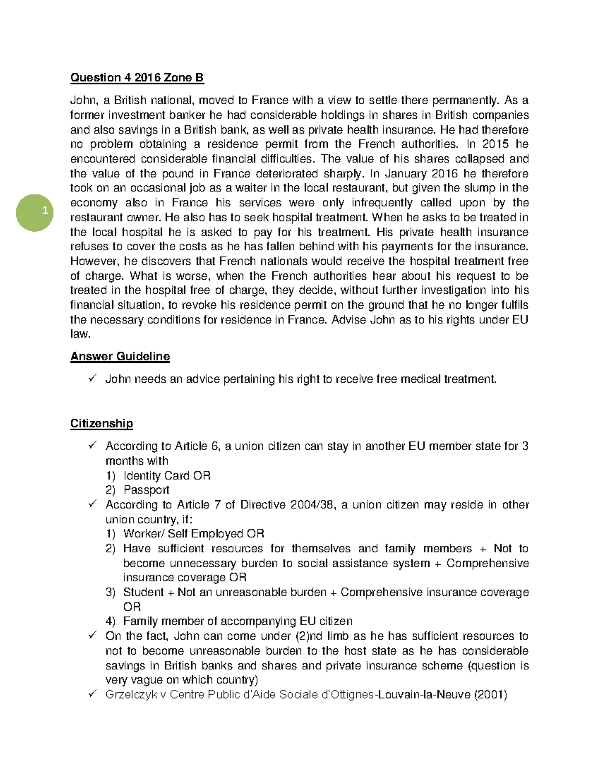 Sample/practice exam 2016, questions and answers - Question 4 2016 Zone B 1 John, a British ...