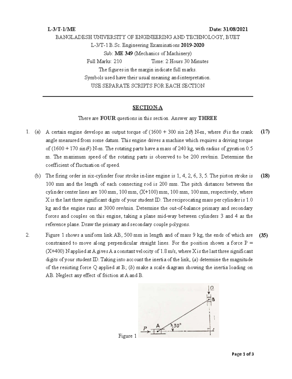 L3T1 ME-349 ME Term Final Question BUET - Page 1 of 3 L-3/T-1/ME Date ...
