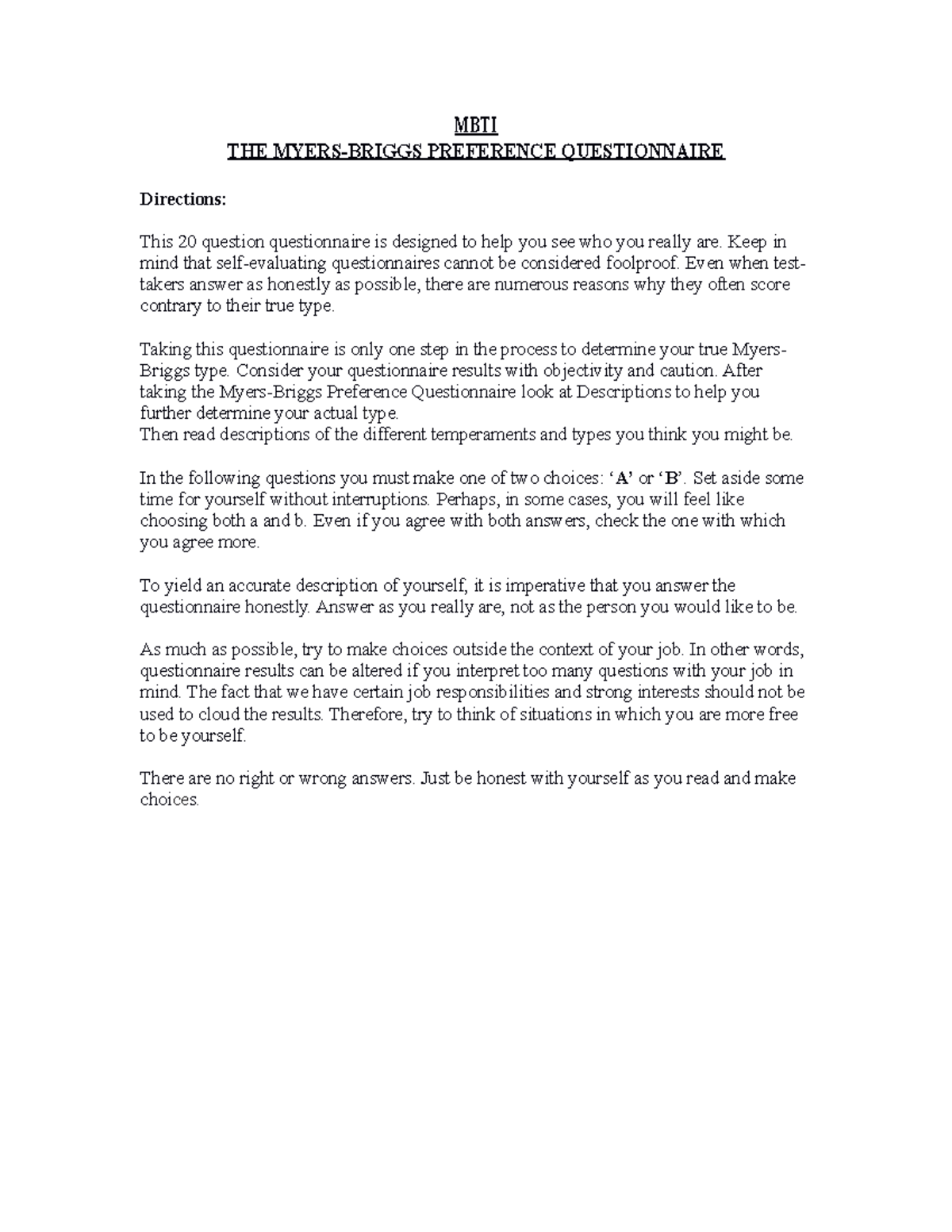 MBTI Questionnaire - personality test - MBTI THE MYERS-BRIGGS ...