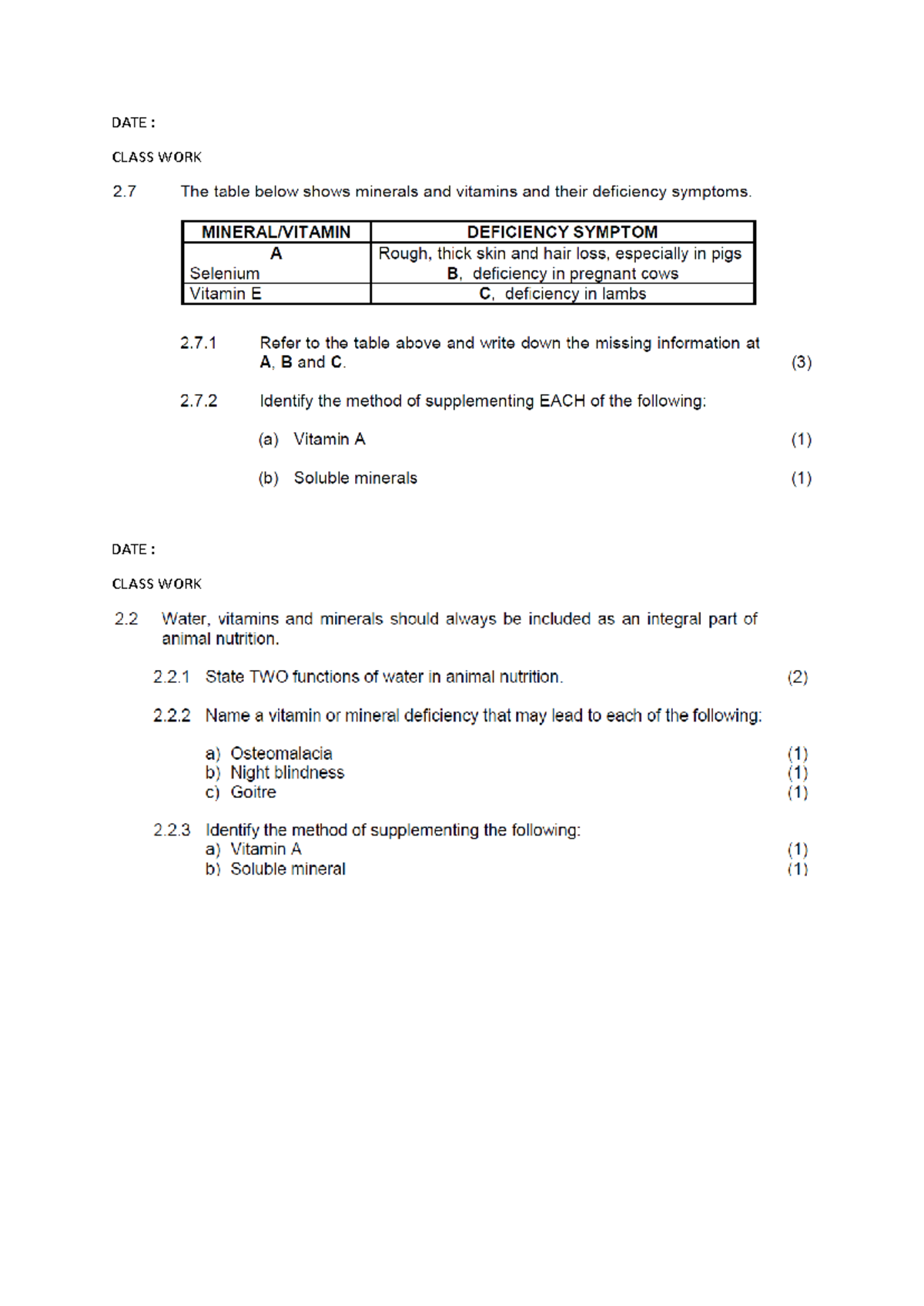 Vitamins AND Minerals - Hshsj - DATE : CLASS WORK DATE : CLASS WORK ...