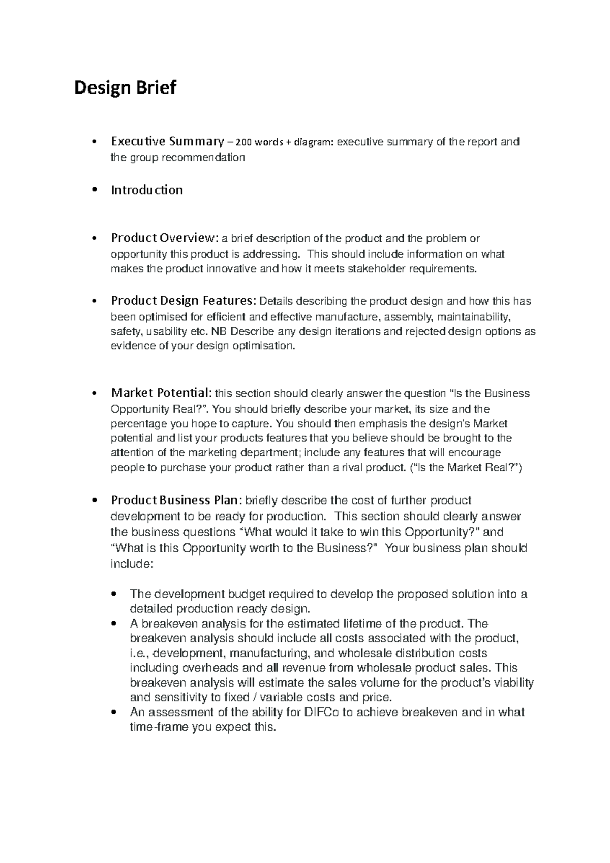 Design Brief - section annotations - Design Brief Executive Summary ...