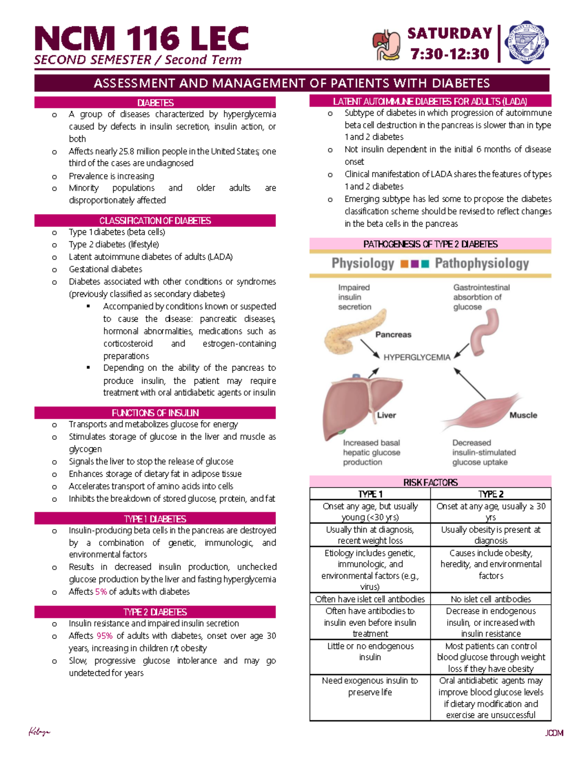 diabetes assessment and management - A NCM 116 LEC SECOND SEMESTER ...