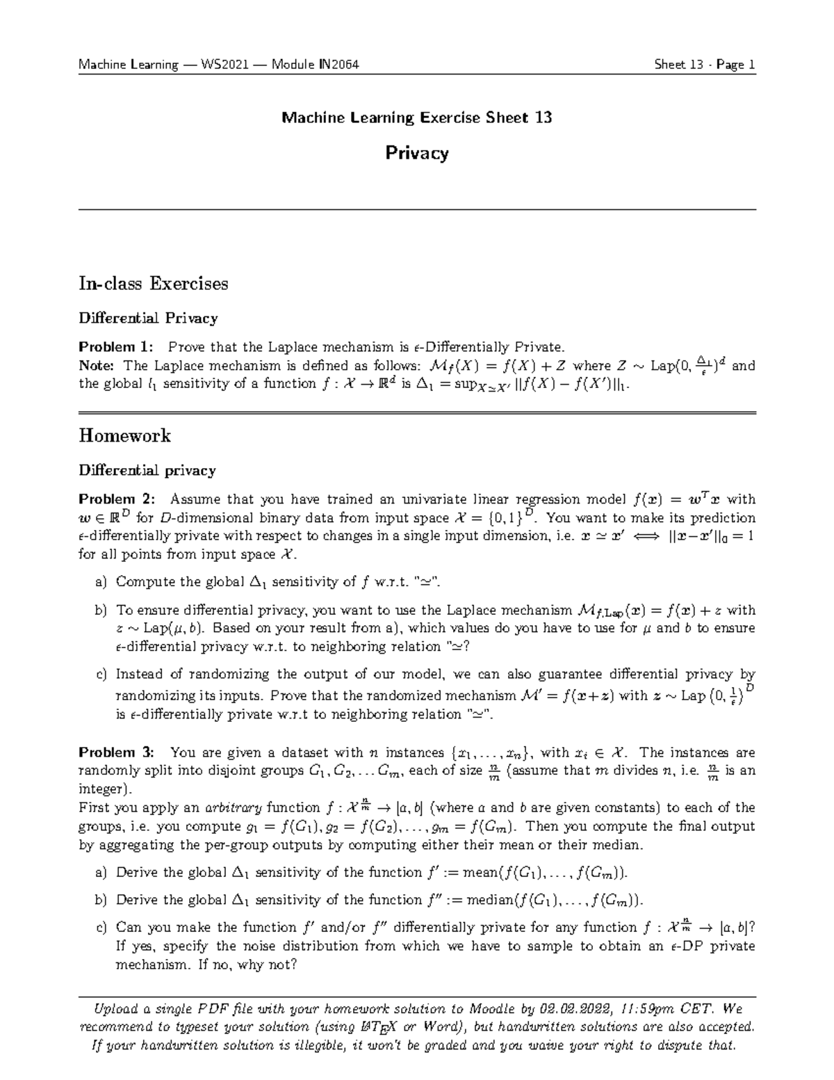 Exercise 13 privacy pdf - Machine Learning — WS2021 — Module IN2064 Sheet 13·Page 1 Machine ...