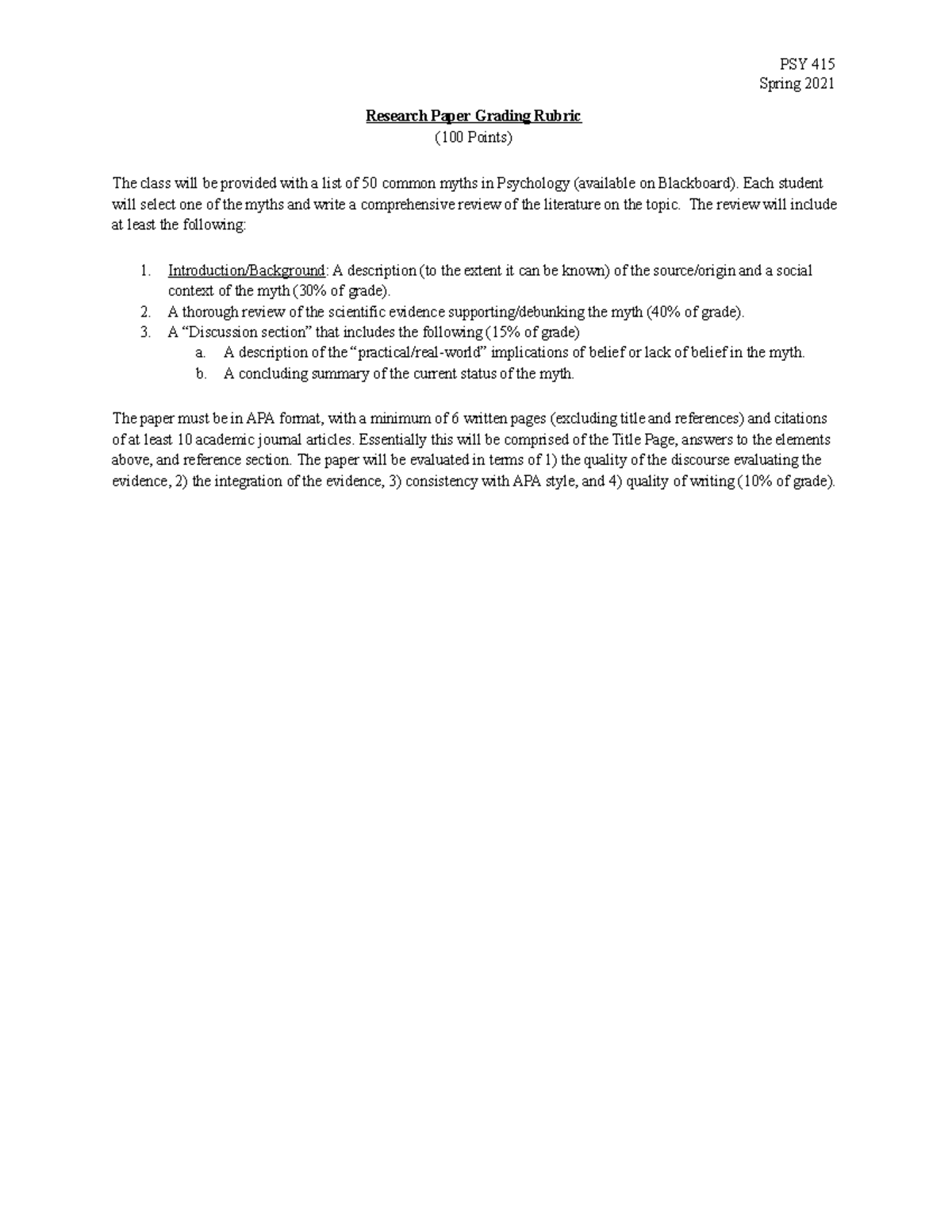 Research Paper Grading Rubric - PSY 415 Spring 2021 Research Paper ...