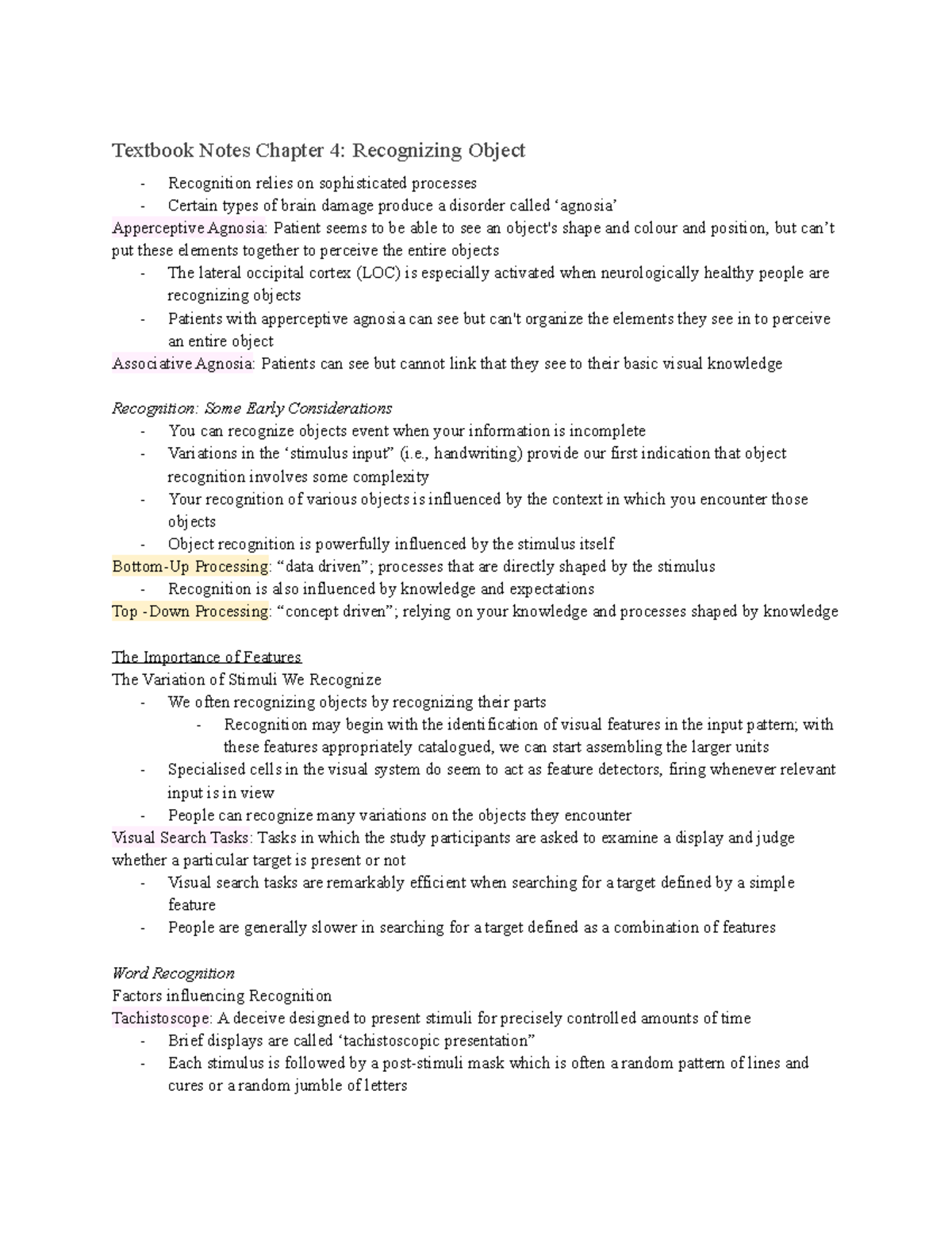 Textbook Notes Chapter 4 Recognizing Object Textbook Notes Chapter 4