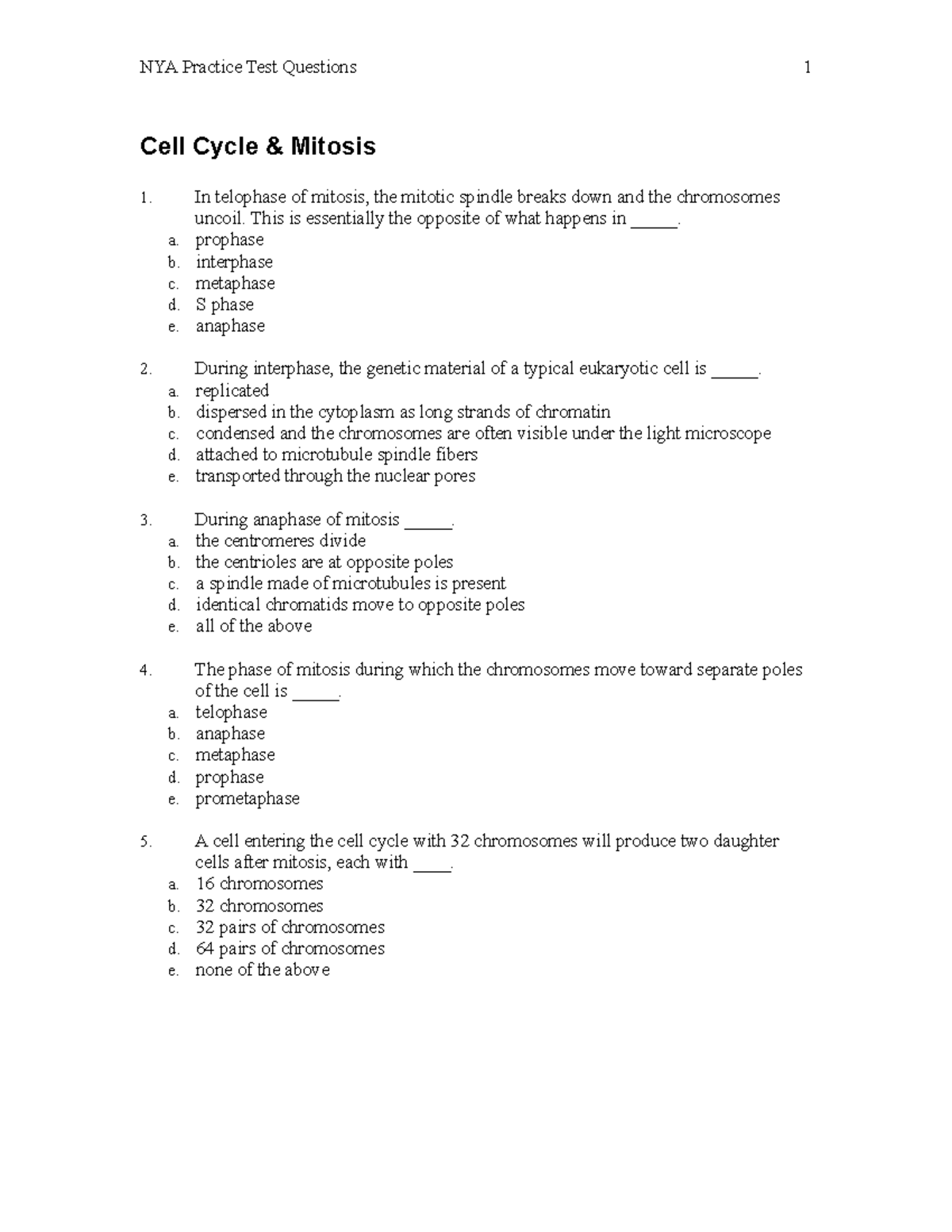 set 5 - review questions (cell cycle and mitosis) - Cell Cycle ...