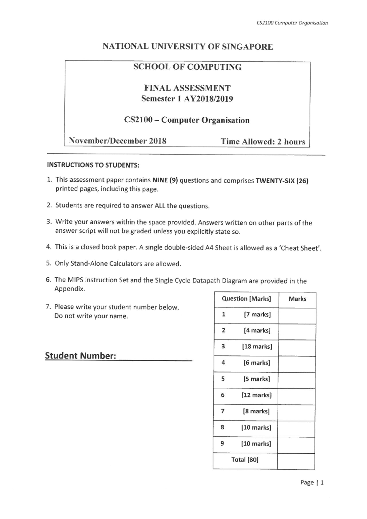CS2100 Finals 1819s1 Questions - CS2100 Computer Organisation NATIONAL ...