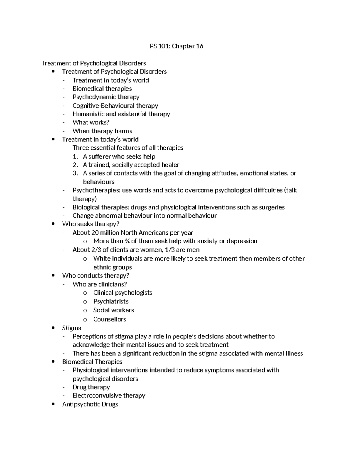 PS 101- Chapter 16 - PS 101: Chapter 16 Treatment of Psychological ...