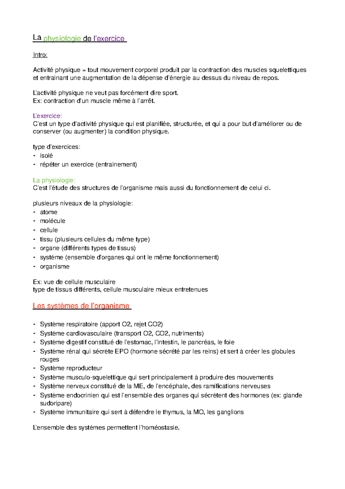 Intro - Semestre 1 - La physiologie de l’exercice Intro: Activité physique = tout mouvement ...