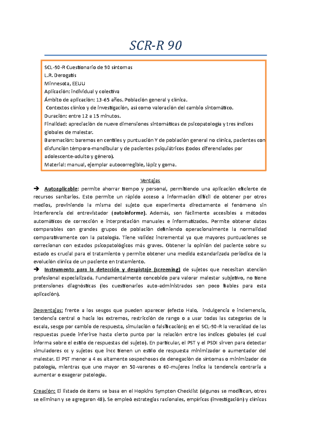 SCL-90-R - resumen - SCR-R 90 SCL-90-R Cuestionario de 90 síntomas L ...