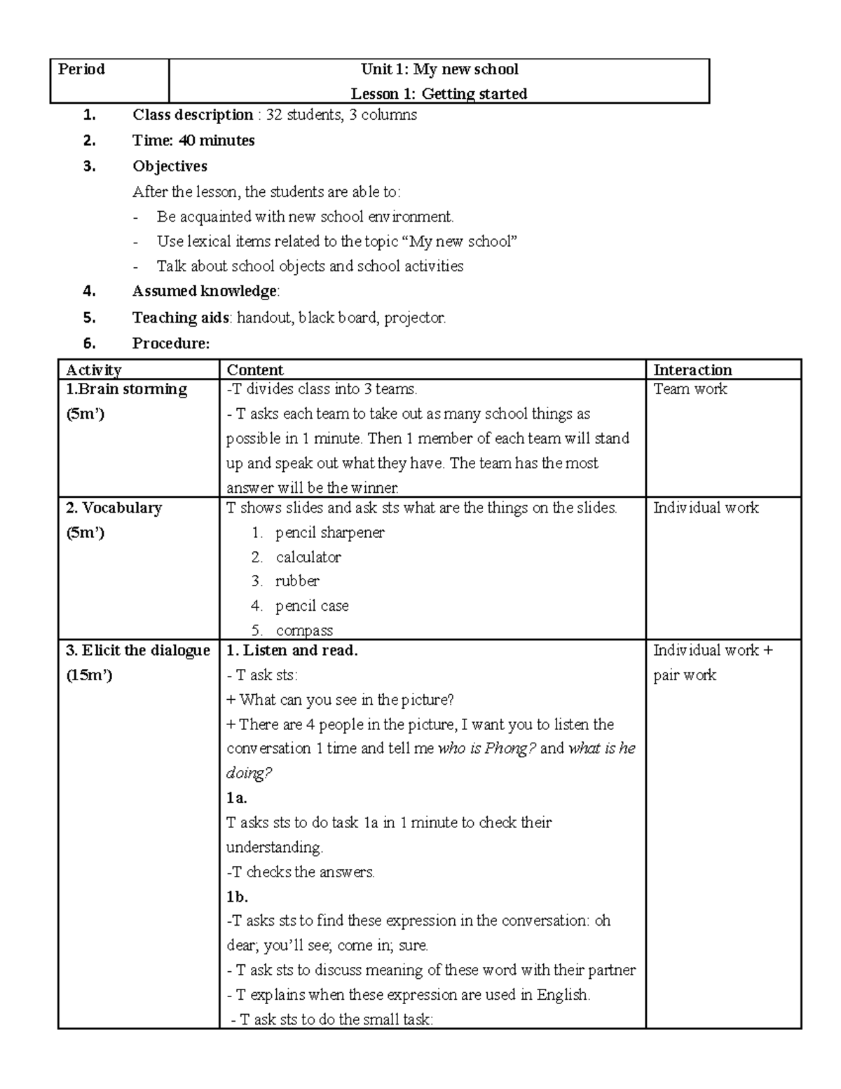 English 6 unit 1 getting started - Period Unit 1: My new school ...