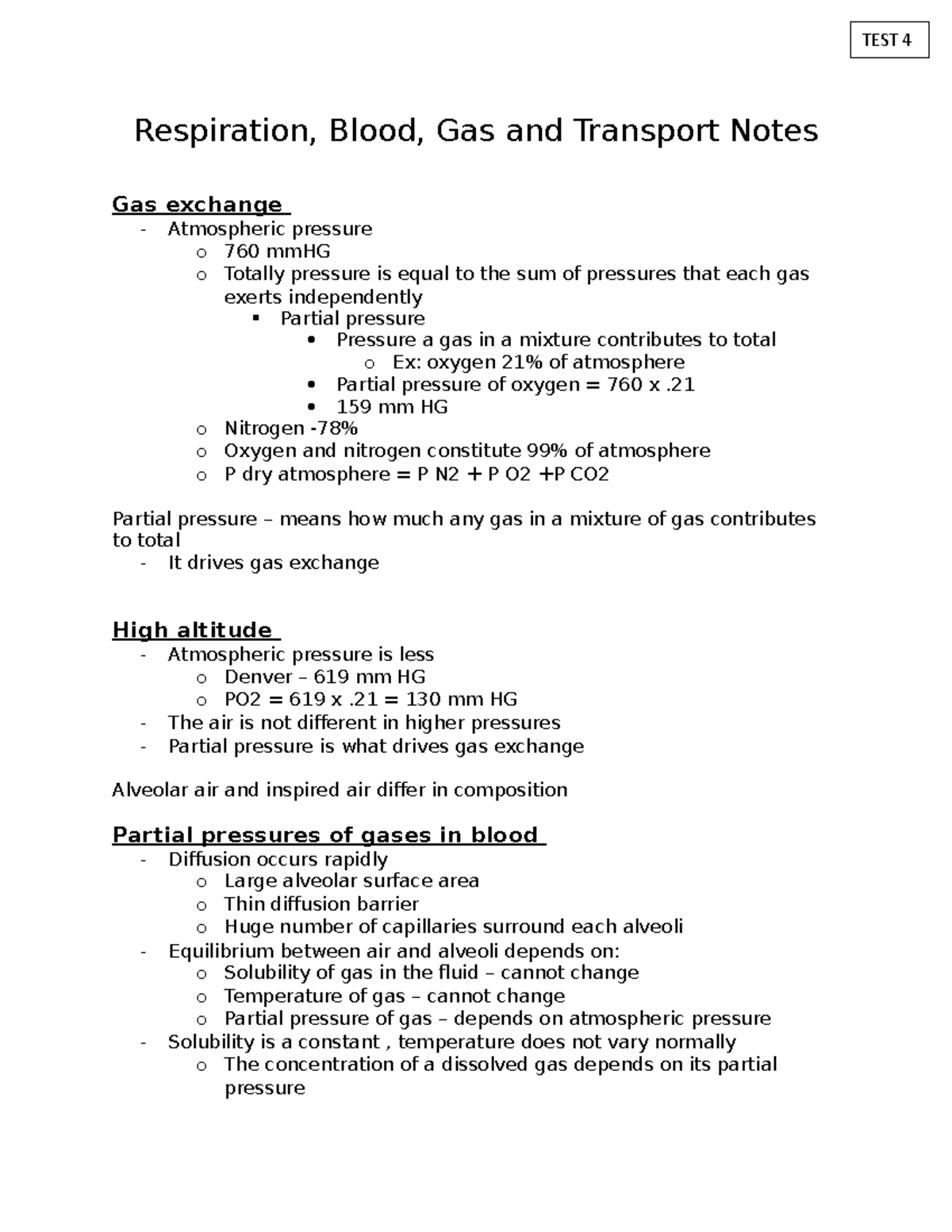 Notes - Respiration, Blood, Gas and Transport - Respiration, Blood, Gas ...