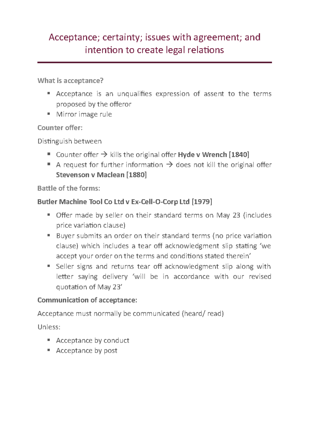 Contract Law – acceptance continued; certainty; issues with agreement ...