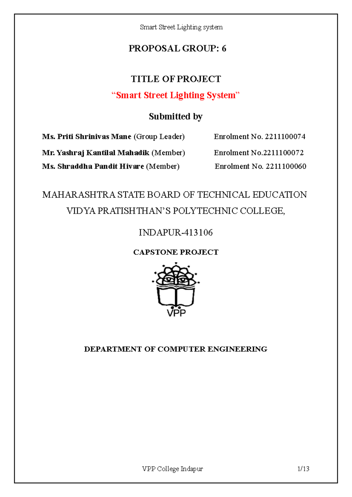 Project proposal (2) - PROPOSAL GROUP: 6 TITLE OF PROJECT “Smart Street Lighting System ...
